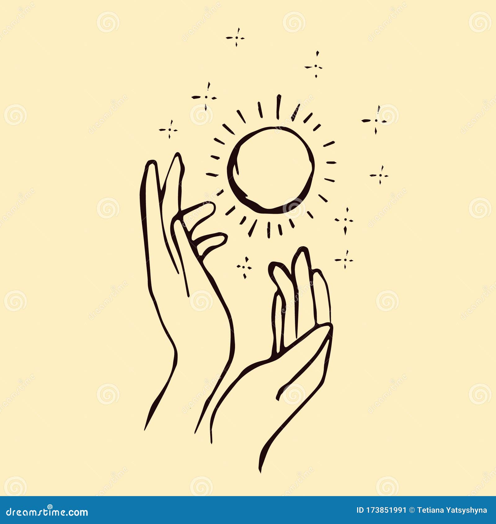 Hand Drawn Vector Illustration. Women S Hands Holding Sun Stock ...