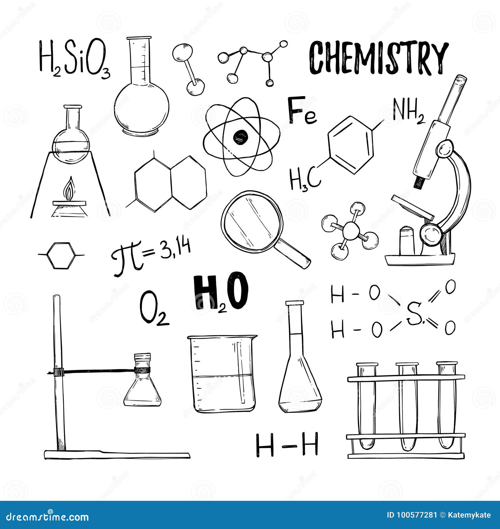 Hand Drawn Vector Illustrations. Chemistry, Chemical Elements, T Stock ...