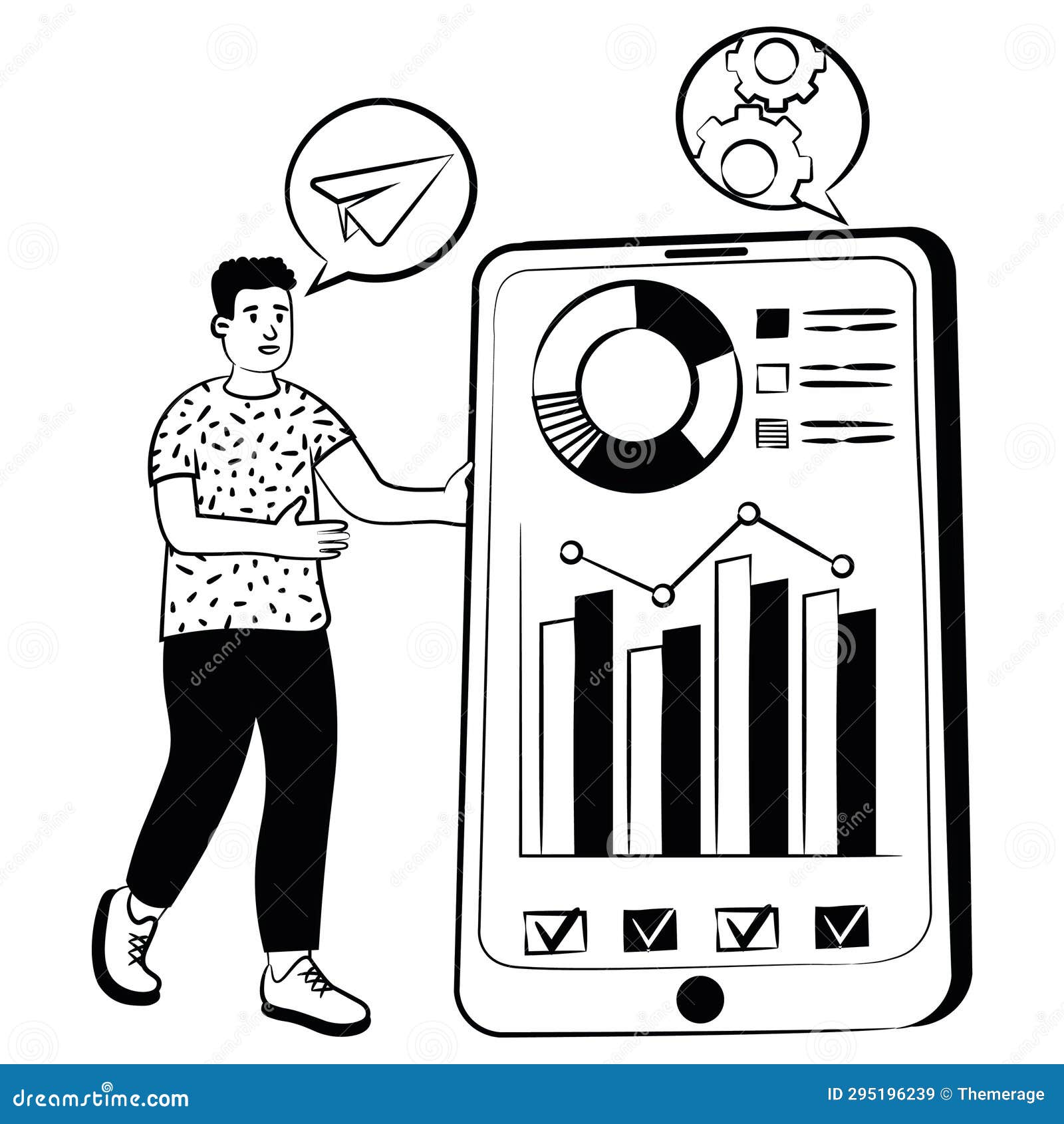 Hand Drawn Vector Image of Man and Tablet with Business Infographic ...