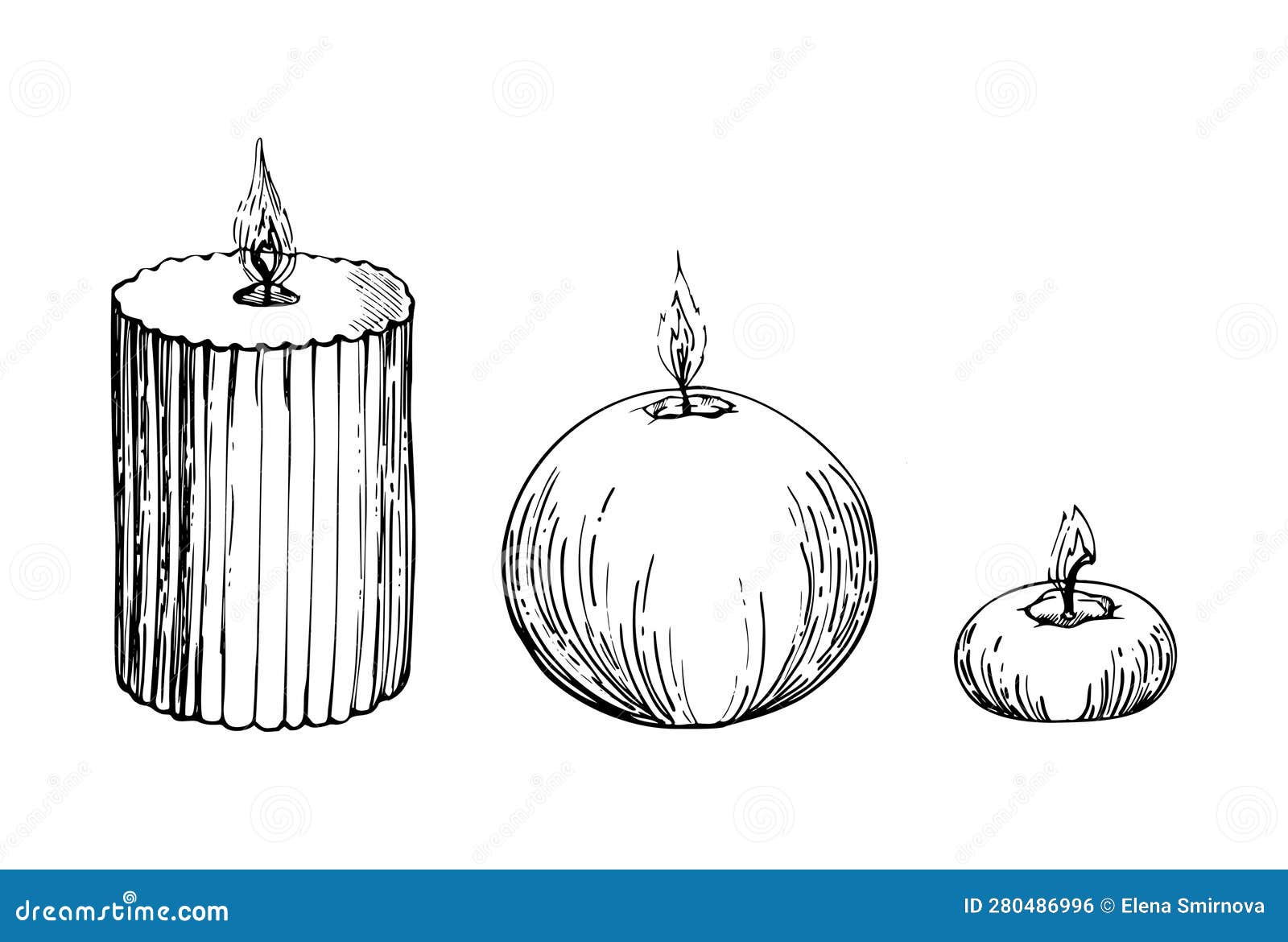 Hand Drawn Vector Ink Assorted Candles Lit with Flames. Votives, Balls ...