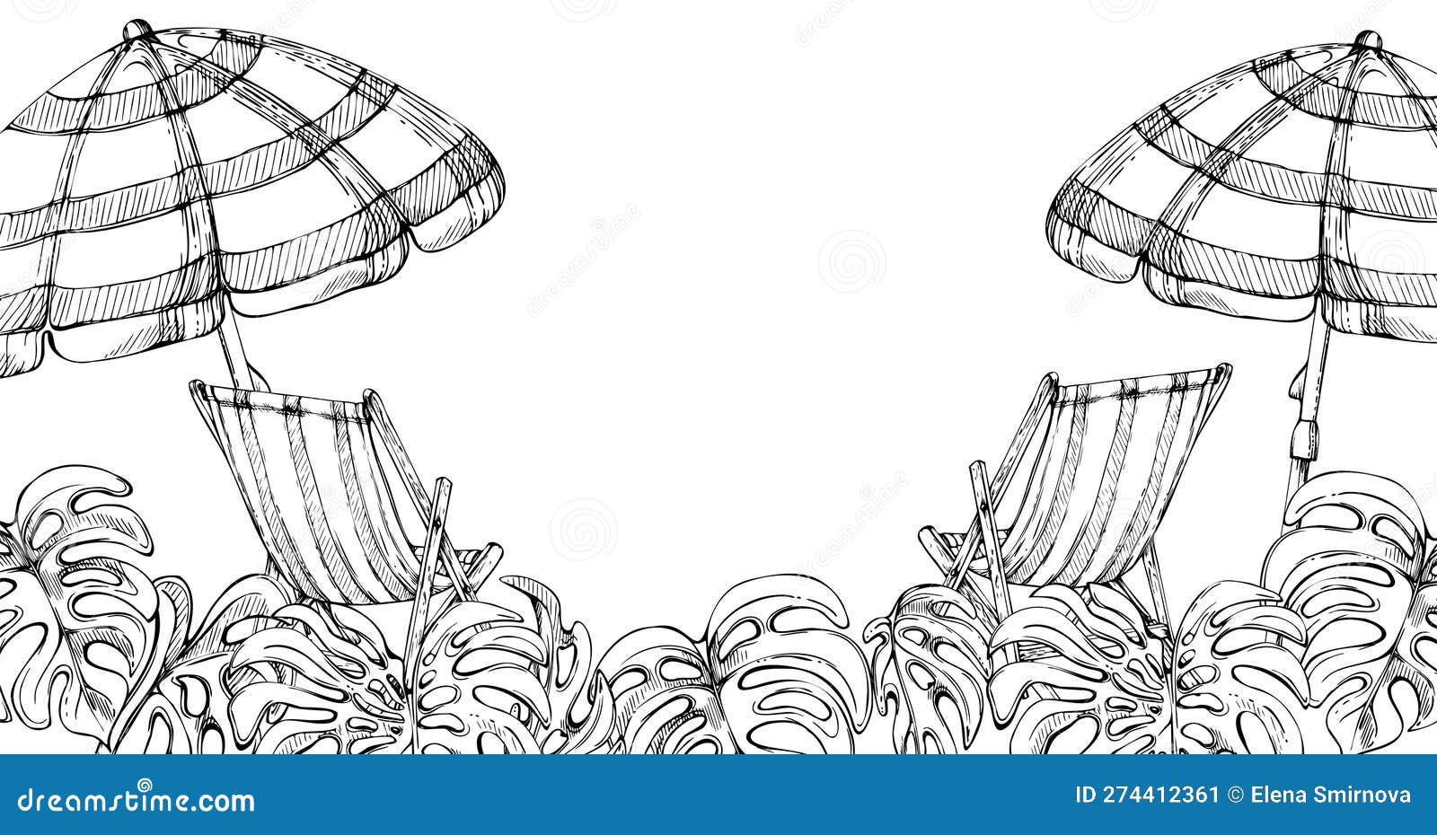 Hand Drawn Vector Ink Composition Striped Beach Umbrellas Chairs And