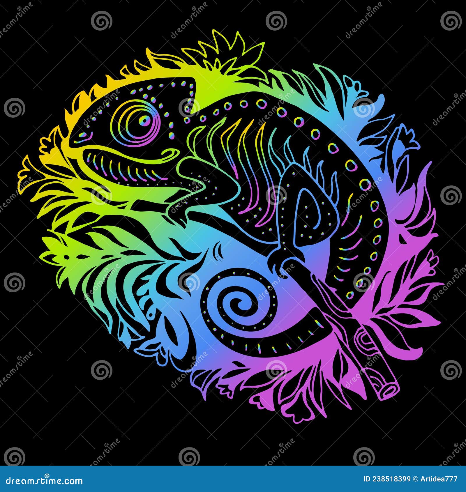 Hand Drawn Vector Iridescent Chameleon in Doodle Style Isolated on ...