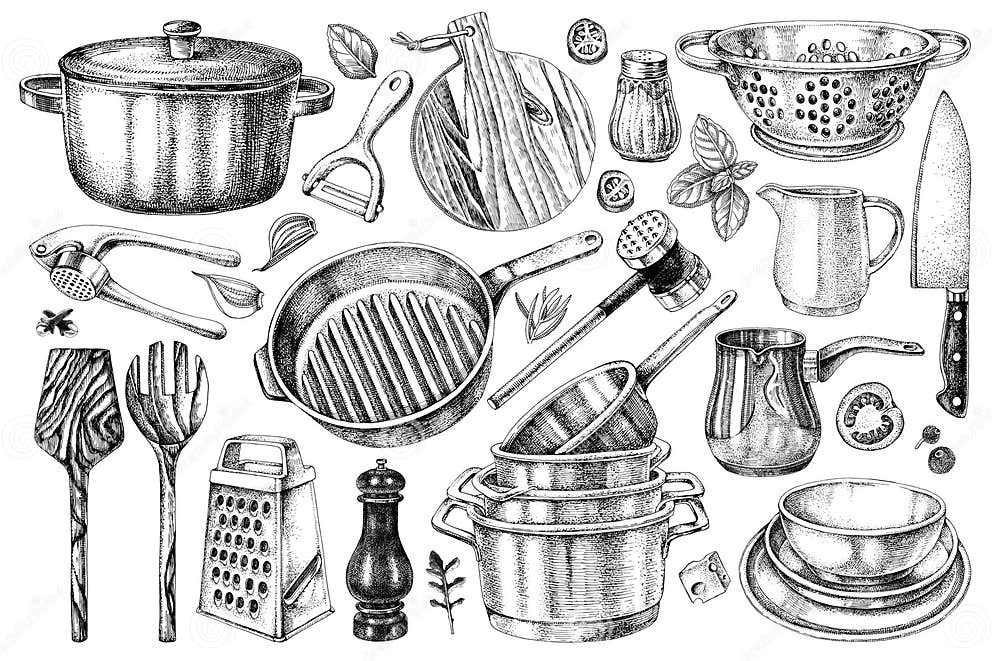 Hand Drawn Vector Kitchen Utensils Set Stock Illustration ...