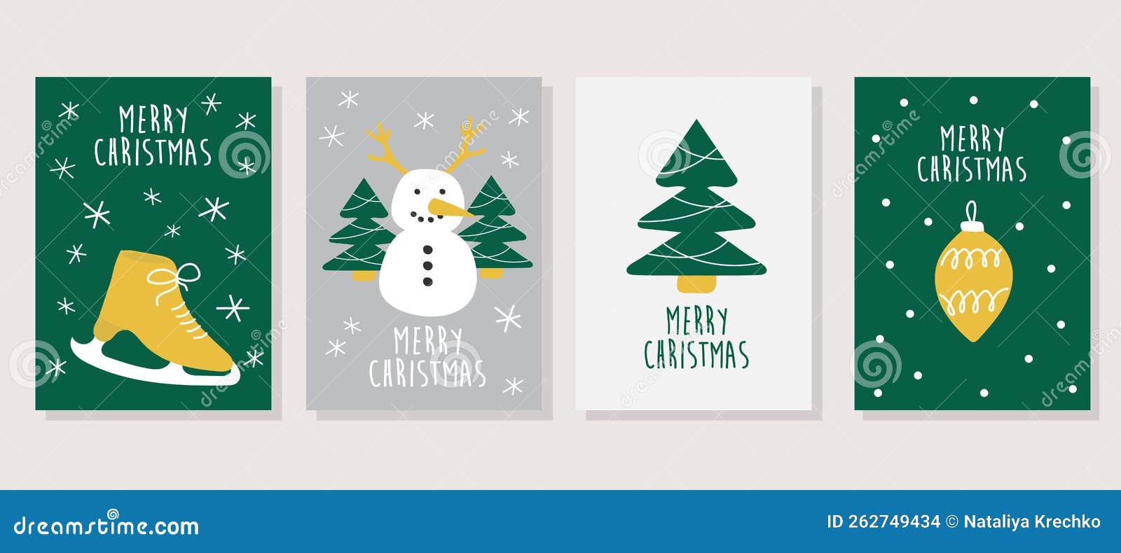 Hand Drawn Vector Merry Christmas Cards Collection Set With Cute