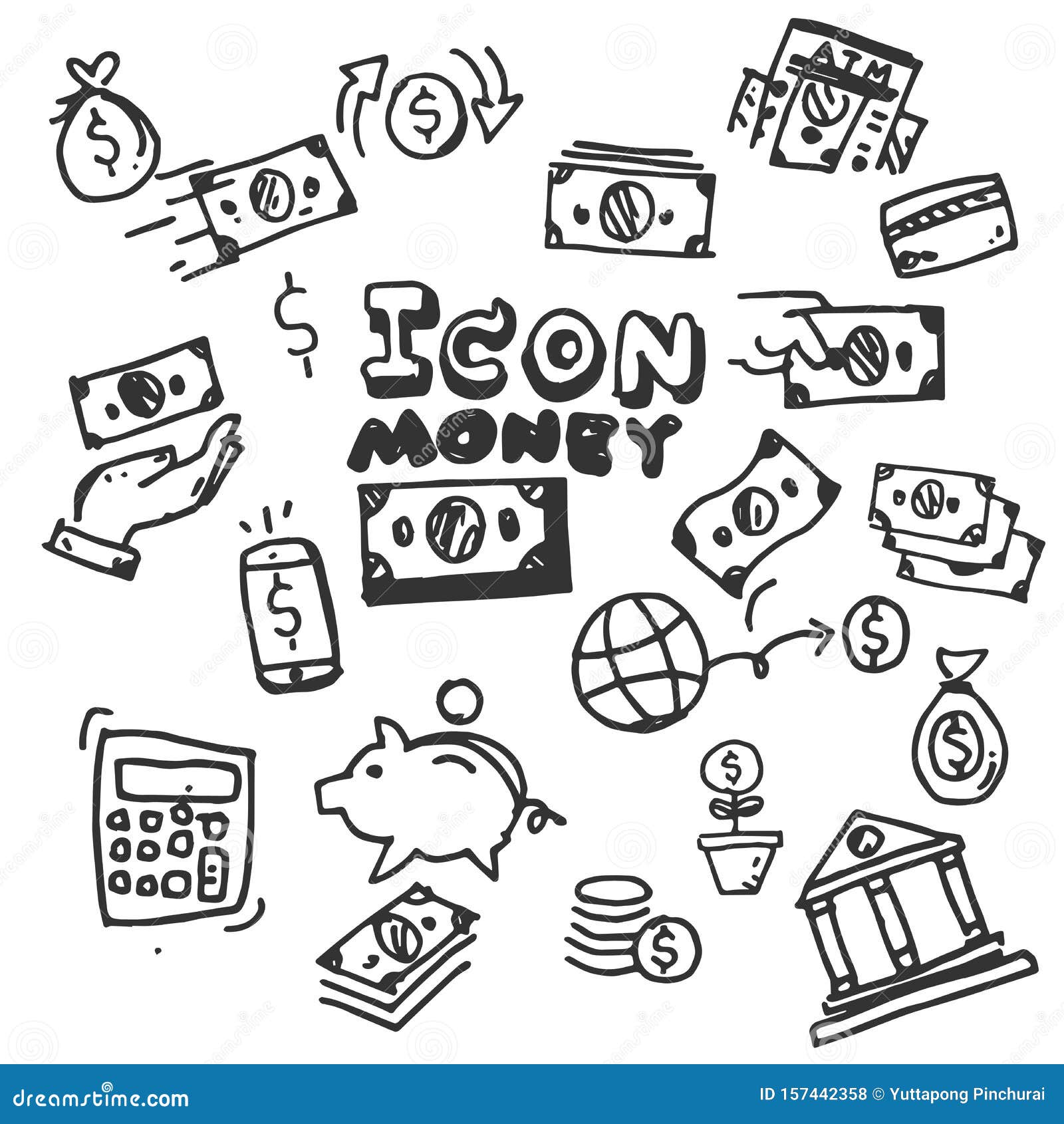 Hand Drawn Vector Money Icons Set Isolated on White Background. Symbols ...