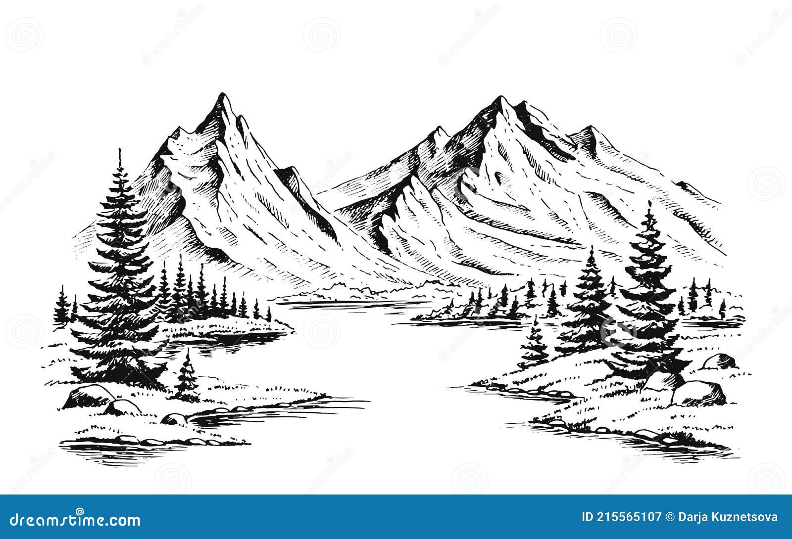 Hand Drawn Vector Nature Illustration with Mountains and Forest on ...