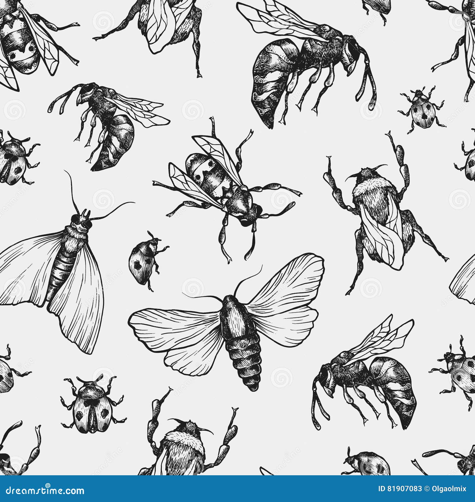 Hand Drawn Vector Pattern with Insects in Different Poses. Stock Vector ...