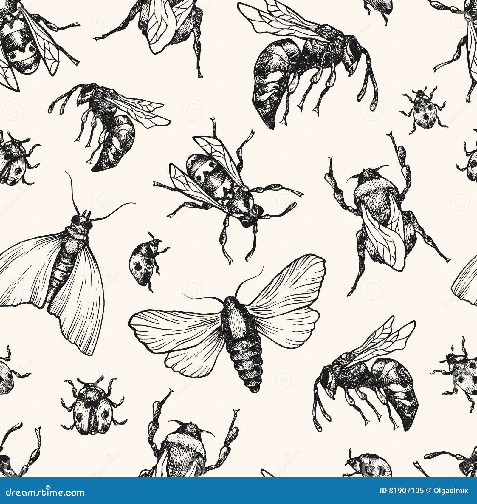 Hand Drawn Vector Pattern with Insects in Different Poses. Stock Vector ...