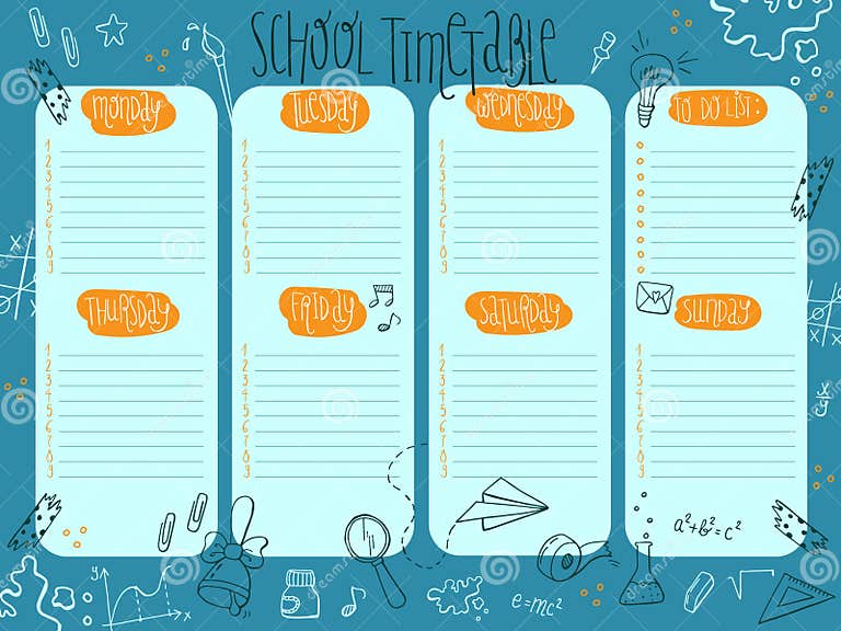 Hand Drawn Vector School Weekly Planner, Schedule Template, School ...