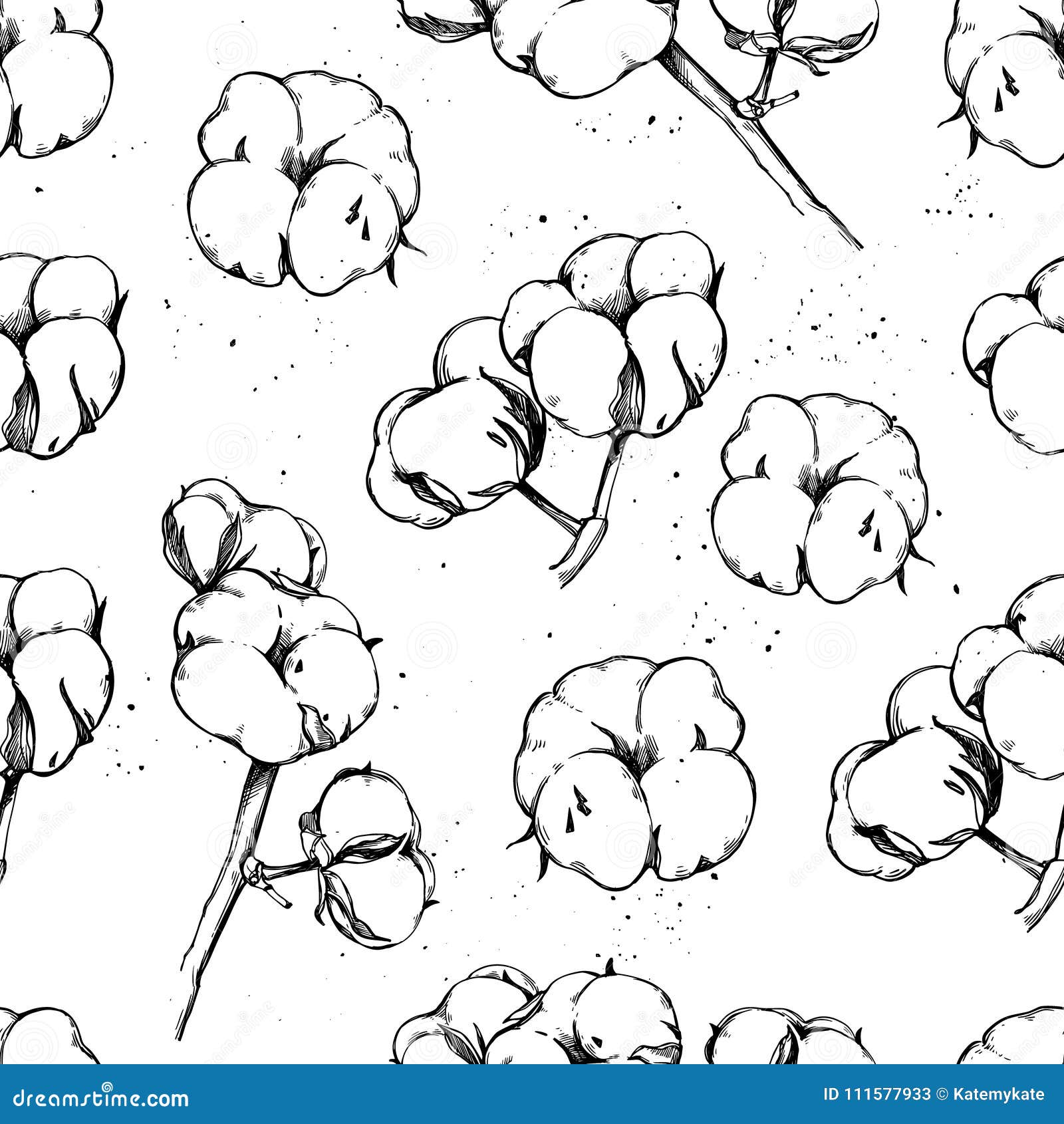 Hand Drawn Vector Seamless Pattern - Background with Cotton. Ill Stock ...