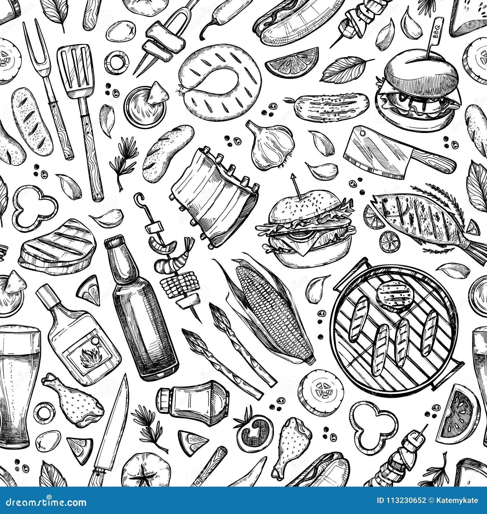 Hand Drawn Vector Seamless Pattern. BBQ Stock Vector - Illustration of ...