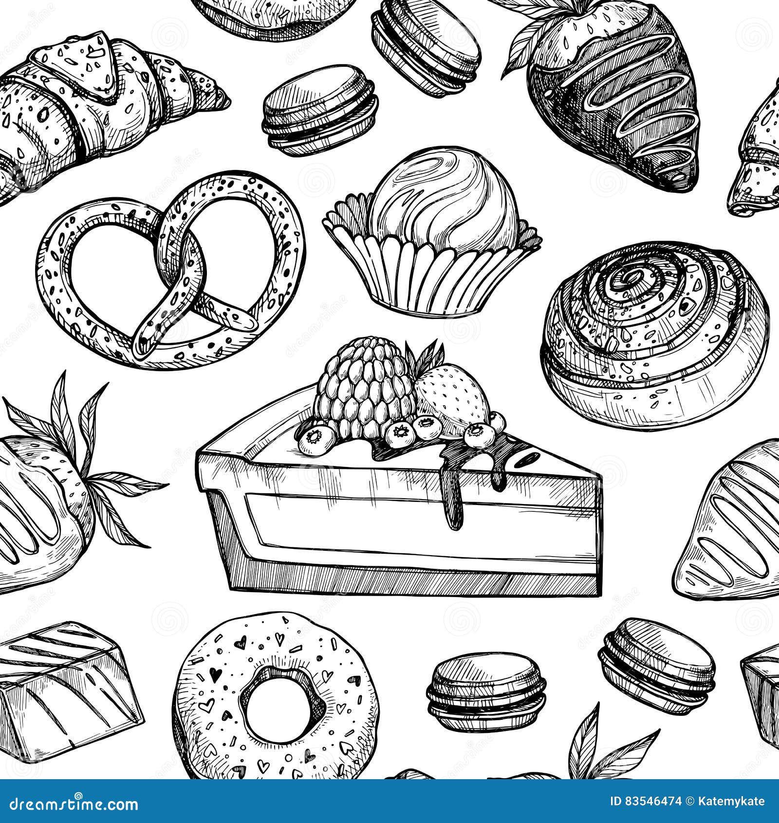 Hand Drawn Vector Seamless Pattern - Collection of Goodies, Sweets ...