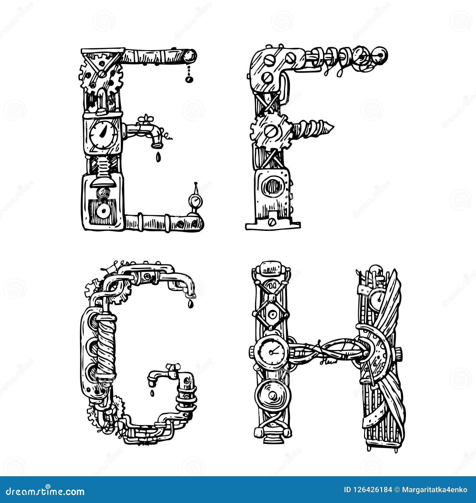 Hand Drawn Vector Seamless Pattern with Mechanical Letters. Stock ...