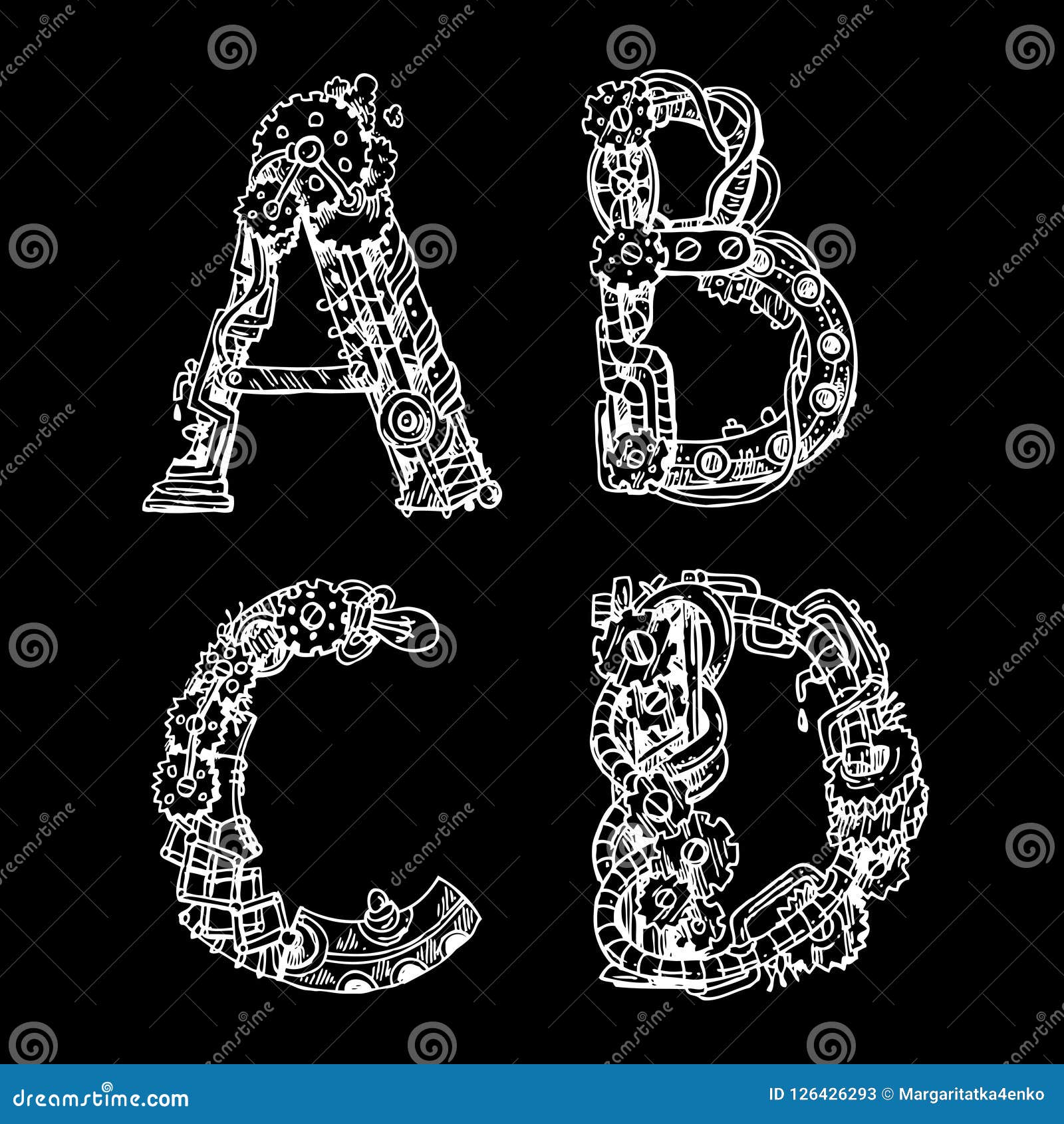 Hand Drawn Vector Seamless Pattern with Mechanical Letters. Stock ...