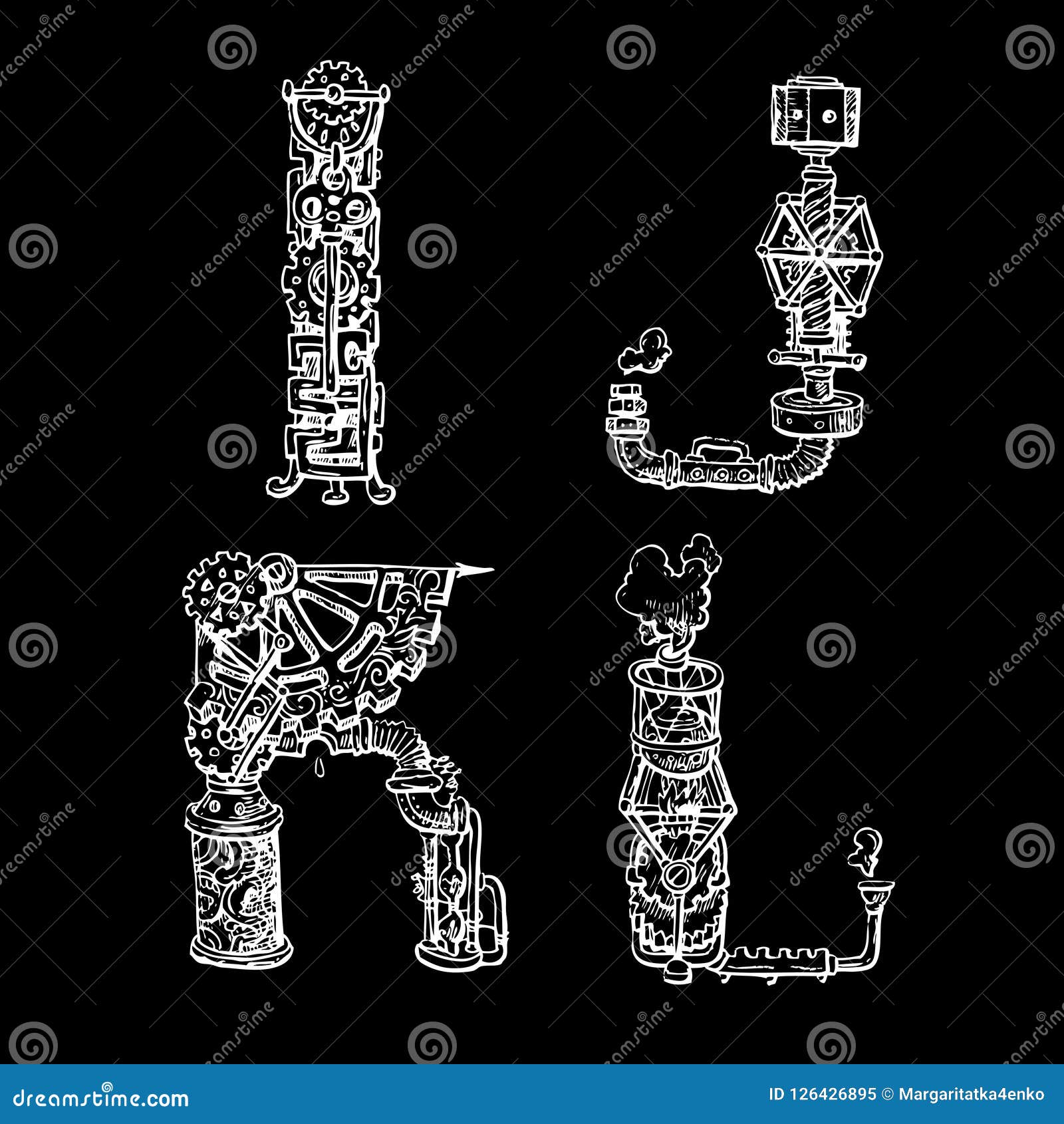 Hand Drawn Vector Seamless Pattern with Mechanical Letters. Stock ...