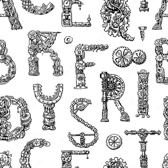 Hand Drawn Vector Seamless Pattern with Mechanical Letters. Stock ...