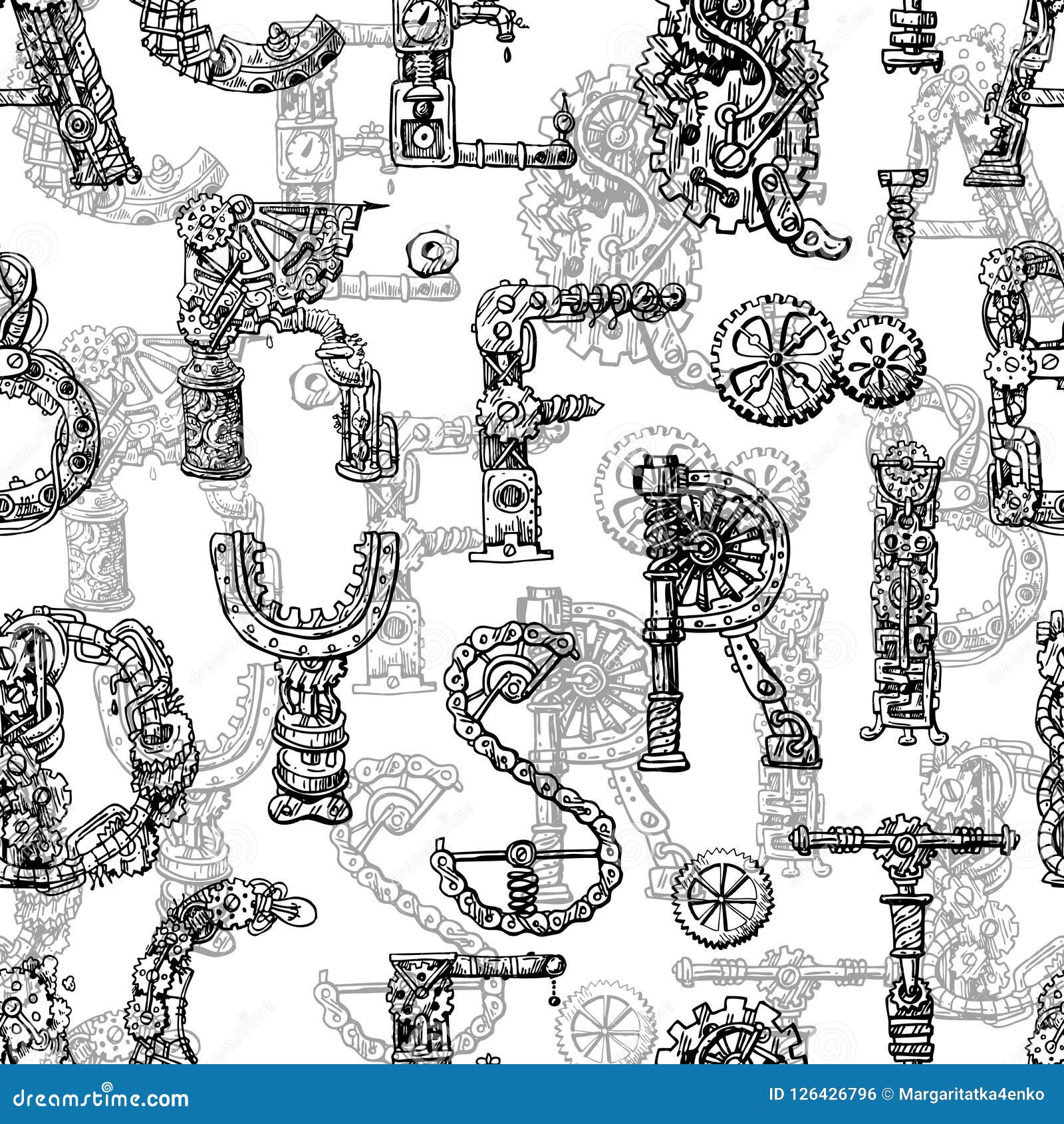 Hand Drawn Vector Seamless Pattern with Mechanical Letters. Stock ...