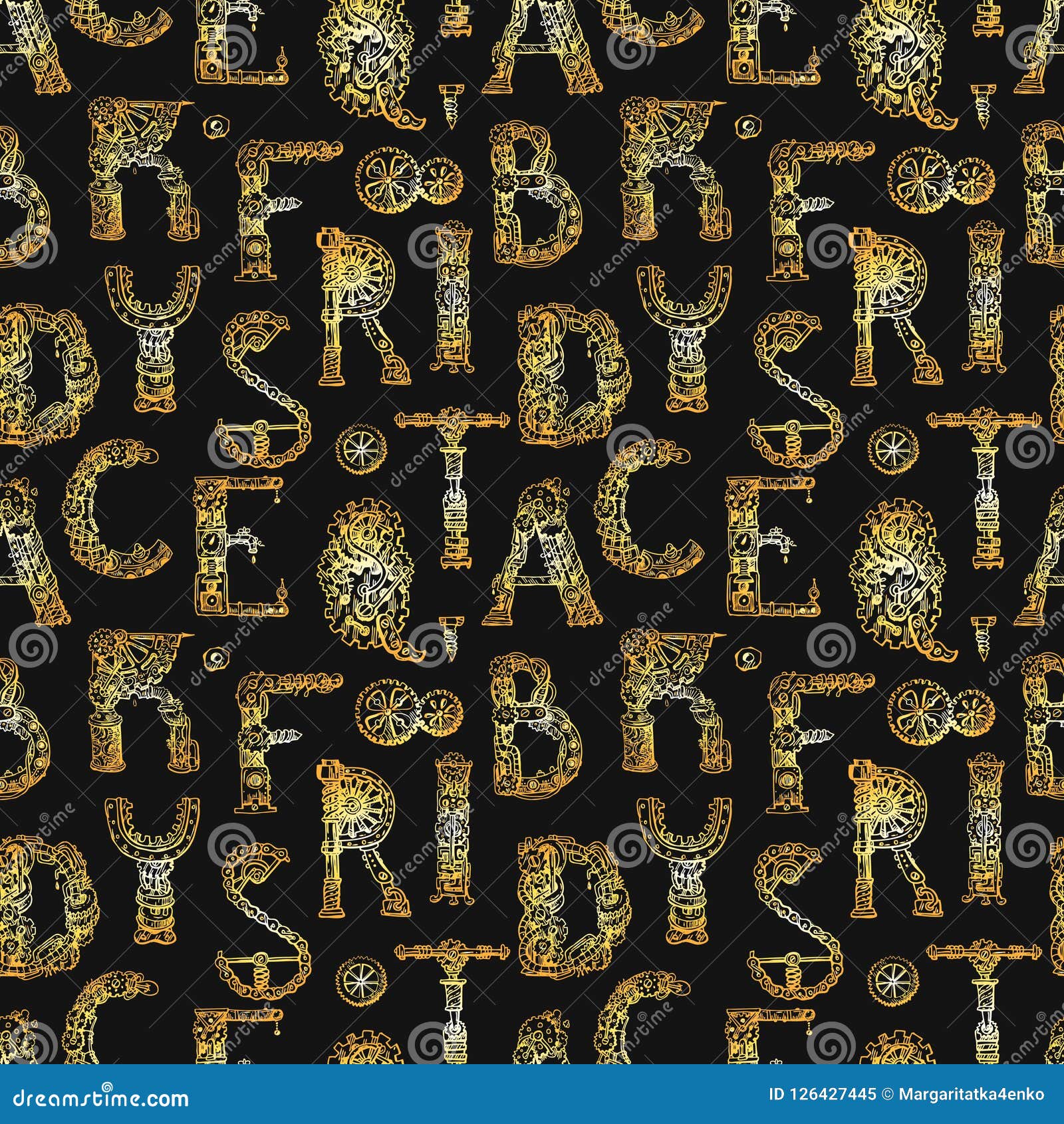 Hand Drawn Vector Seamless Pattern with Mechanical Letters. Stock ...