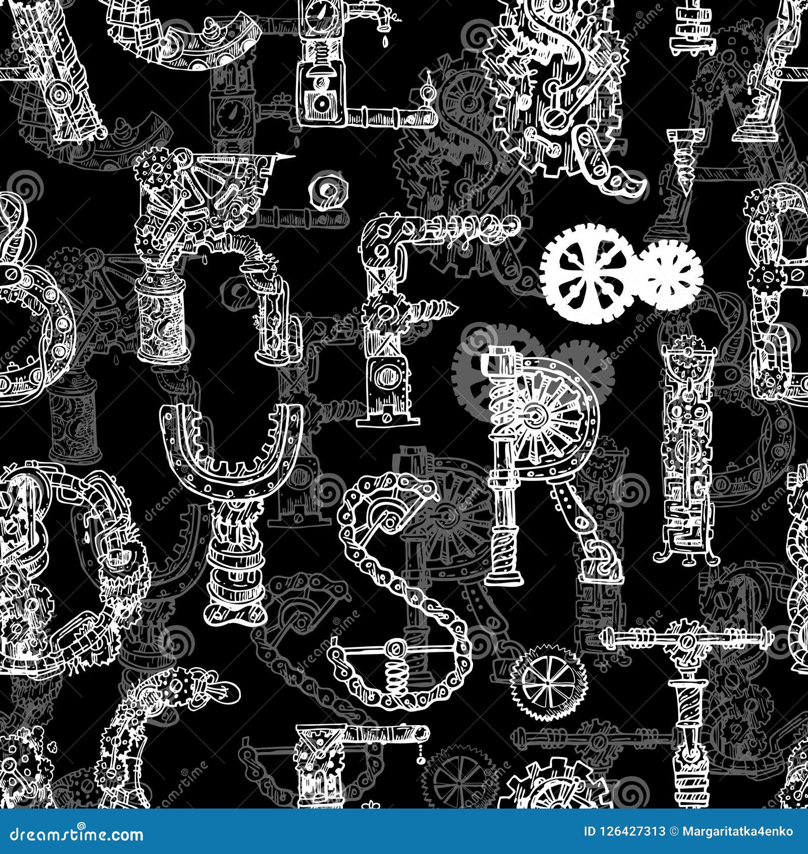 Hand Drawn Vector Seamless Pattern with Mechanical Letters. Stock ...