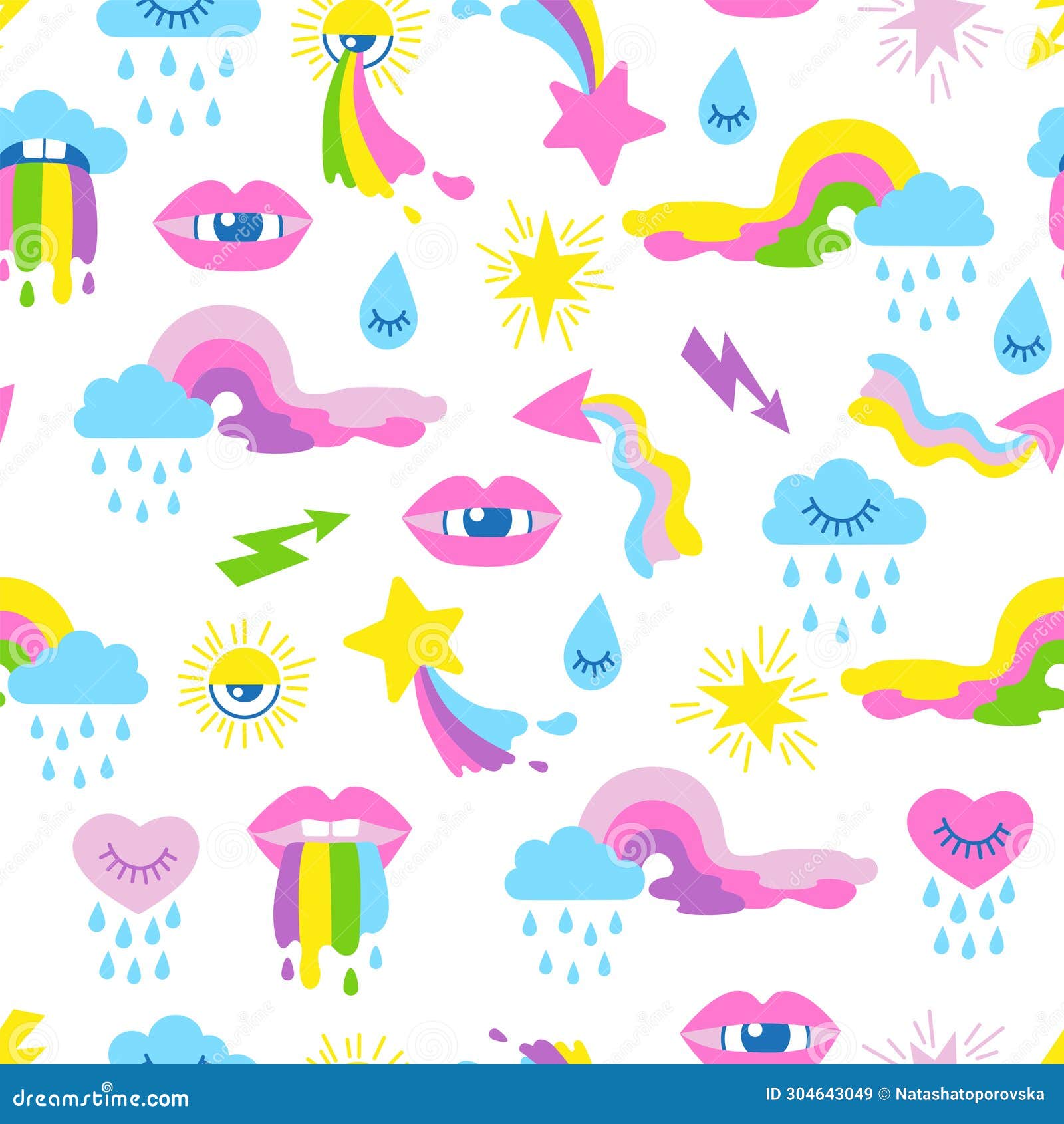 Hand Drawn Vector Seamless Pattern of Neon. Psychedelic Weather ...