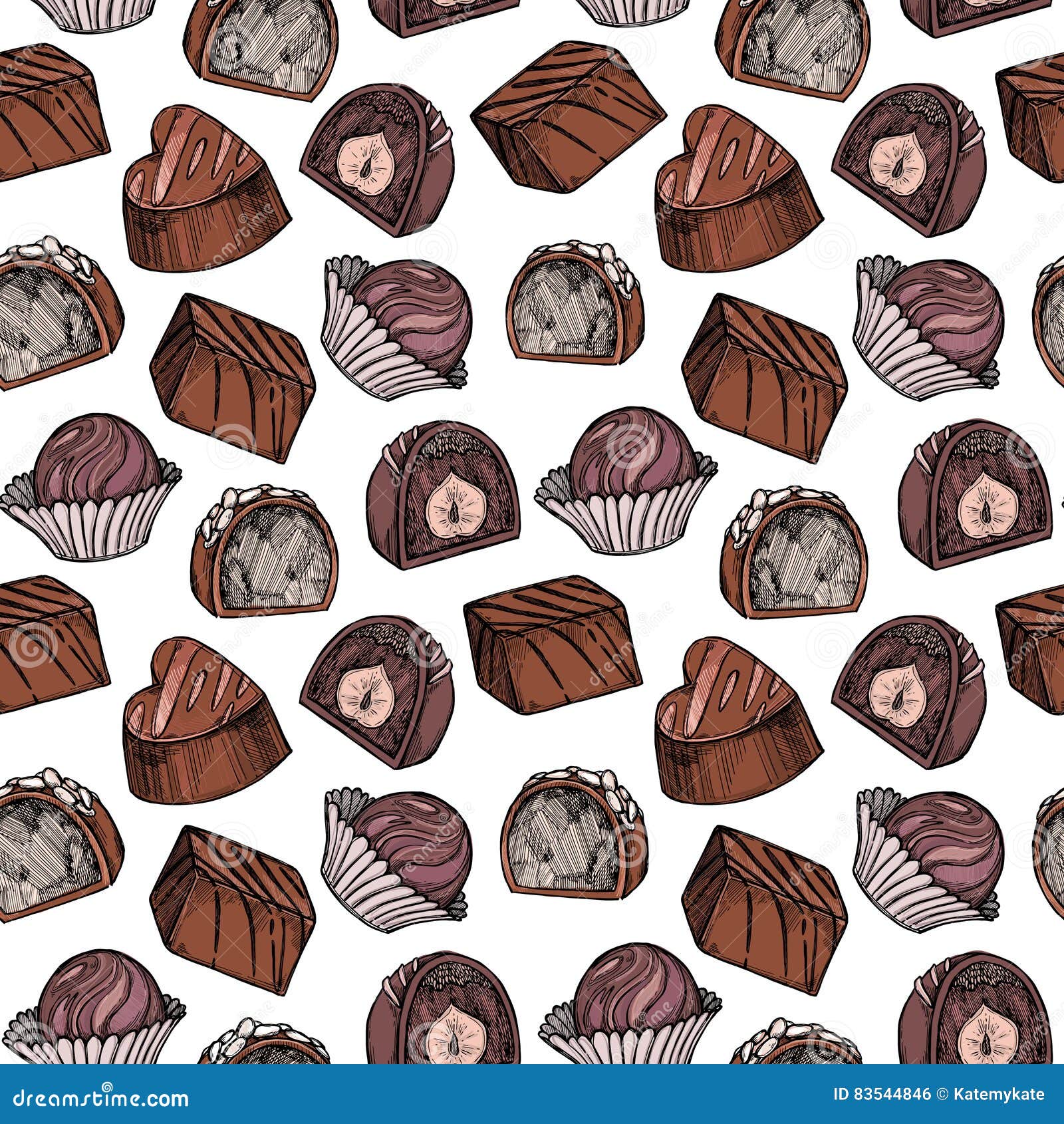 Hand Drawn Vector Seamless Pattern - Set of Chocolate Candies Wi Stock ...