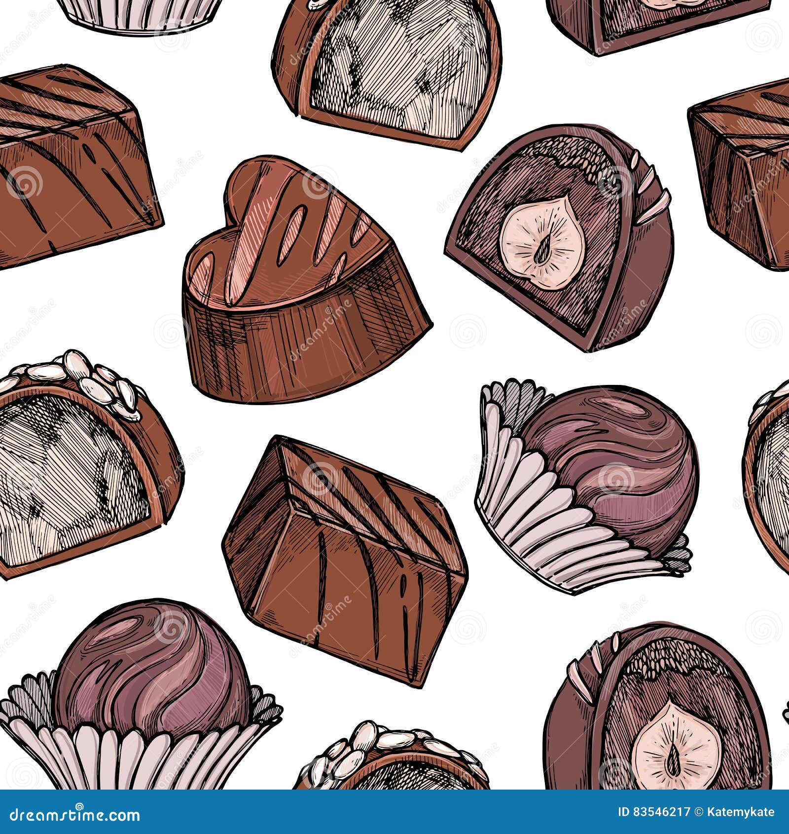 Hand Drawn Vector Seamless Pattern - Set of Chocolate Candies Wi Stock ...