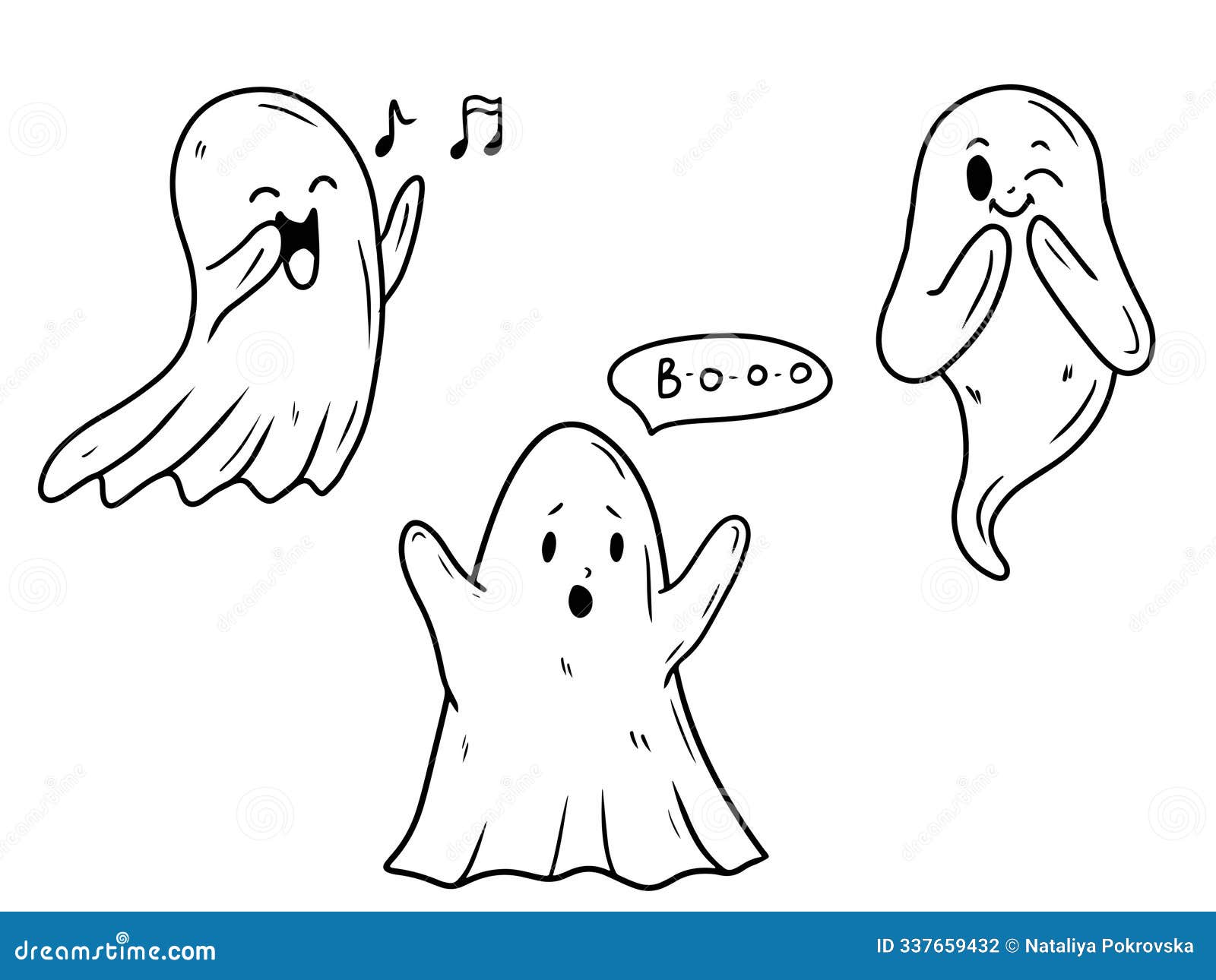 Hand Drawn Vector Set of Cute Happy Ghost Floating and Singing with ...