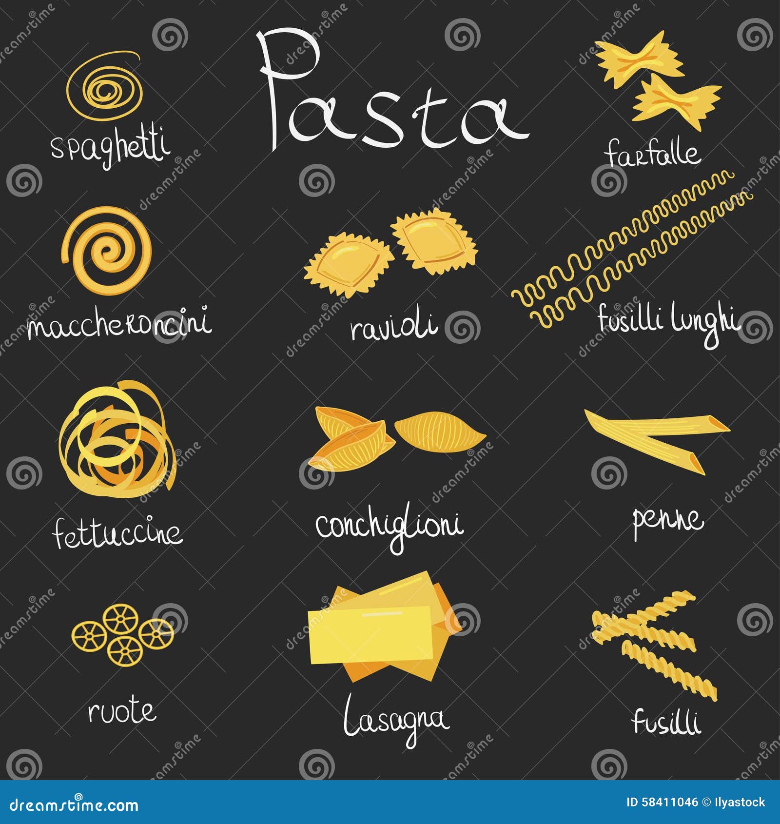 Hand Drawn Vector Set of Different Italian Pasta Types Stock Vector ...