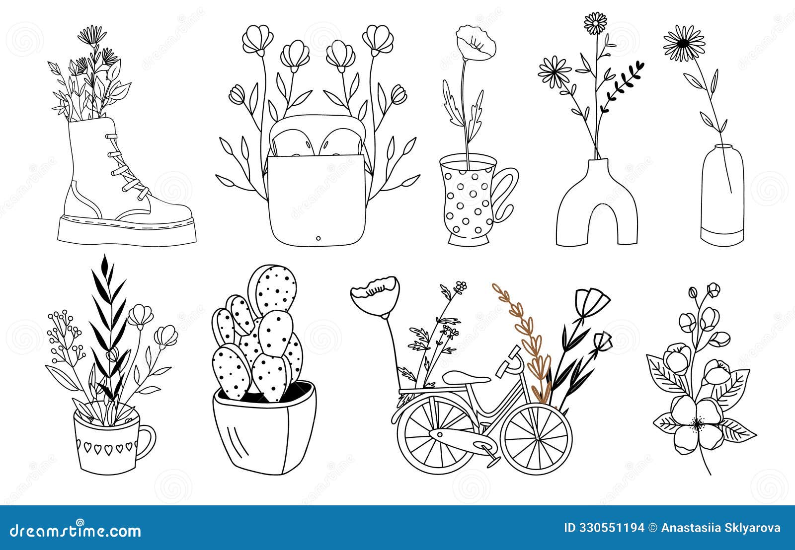 Hand Drawn Vector Set of Line Art Objects with Wildflowers, Conceptual ...
