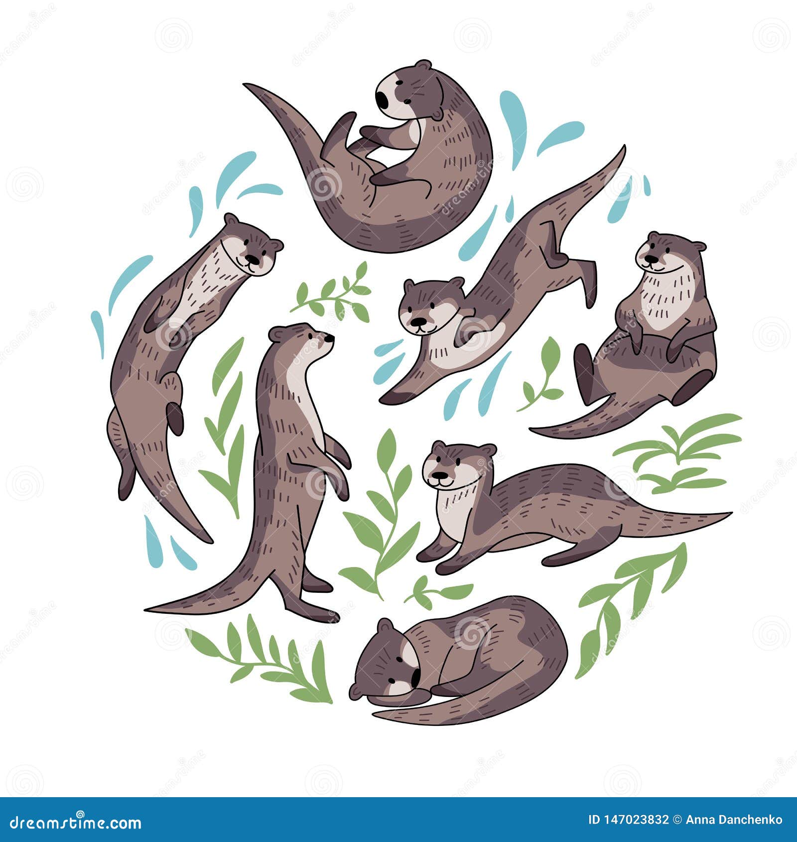 Hand Drawn Vector Set of Otters Stock Vector - Illustration of otter ...