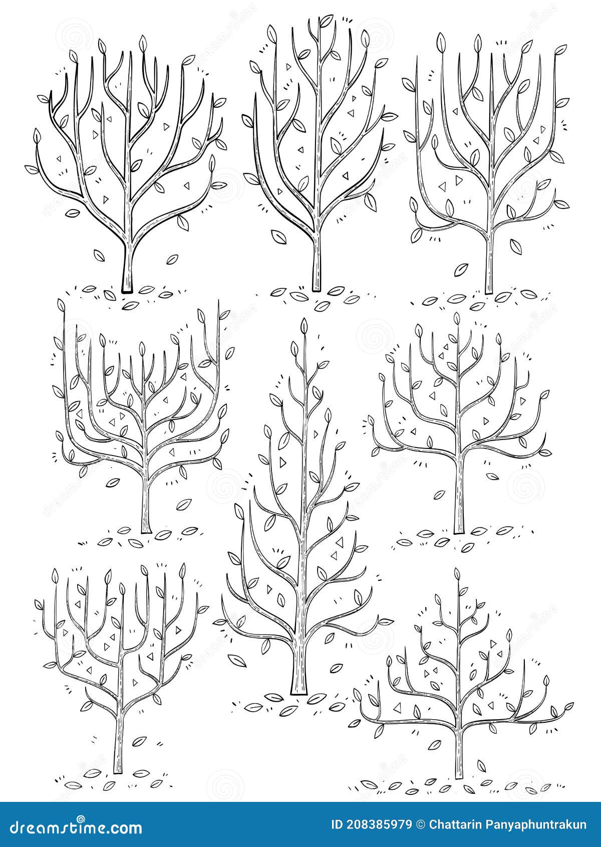 Hand Drawn Side View Tree Vector Set. Stock Vector - Illustration of ...