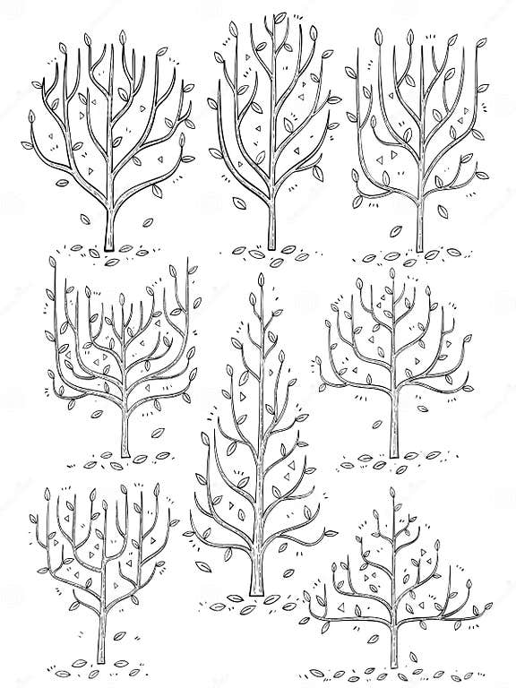 Hand Drawn Side View Tree Vector Set. Stock Vector - Illustration of ...
