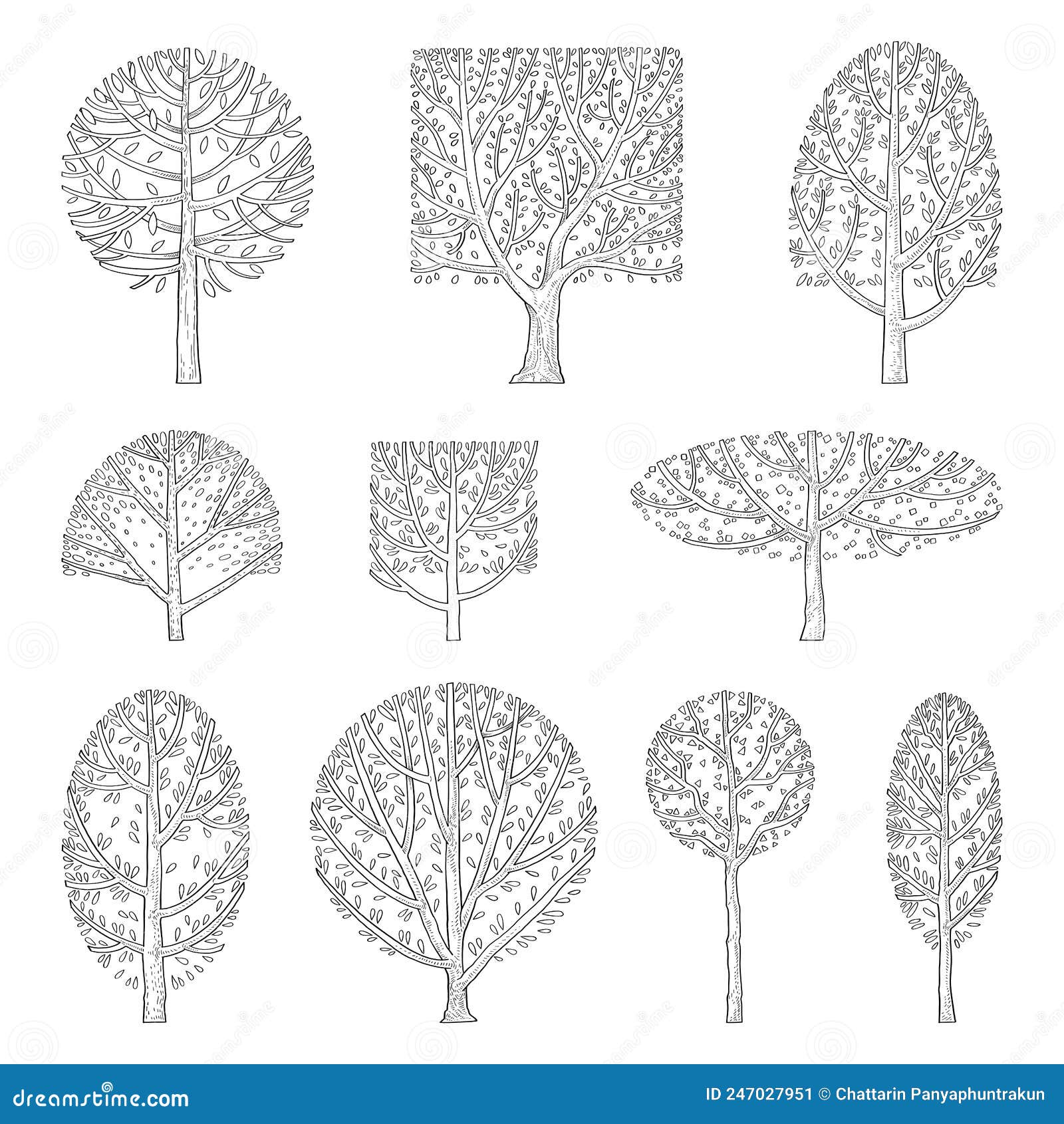 Hand Drawn Vector Set of Side View Trees Stock Illustration ...