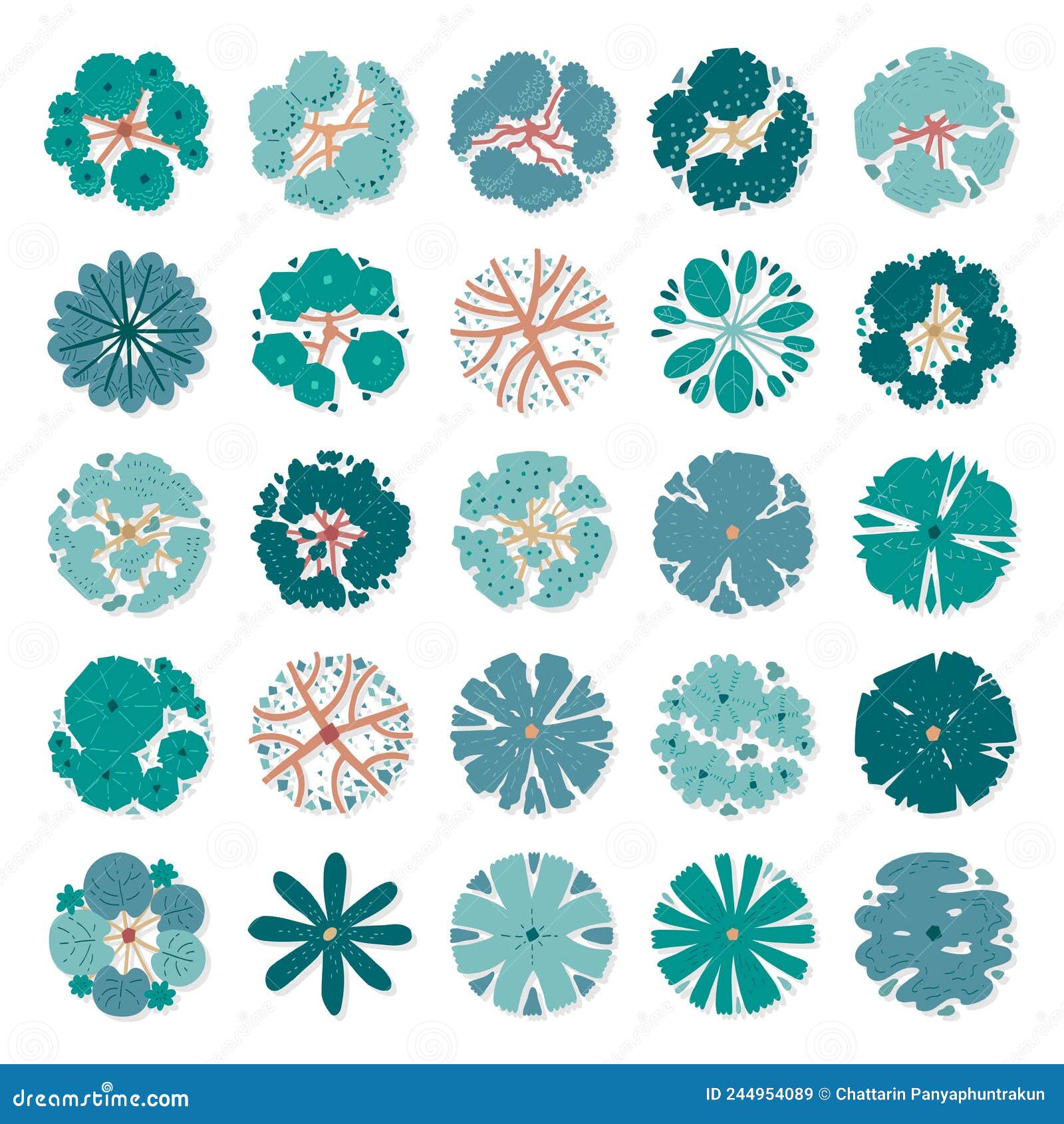 Hand Drawn Vector Set of Top View Trees Stock Vector - Illustration of ...