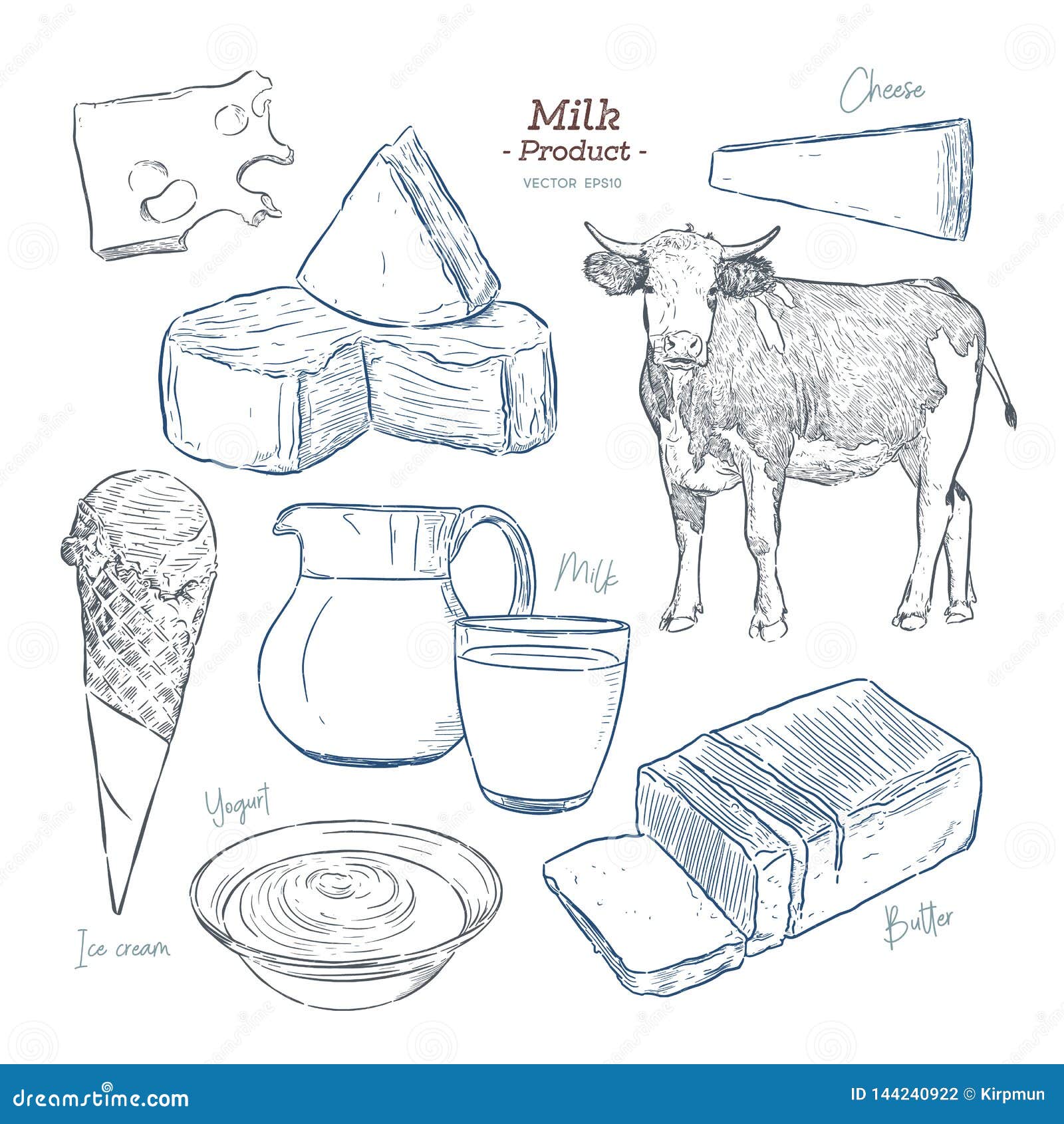 Hand Drawn Vector Sketch Dairy Products Set Vector Stock Vector