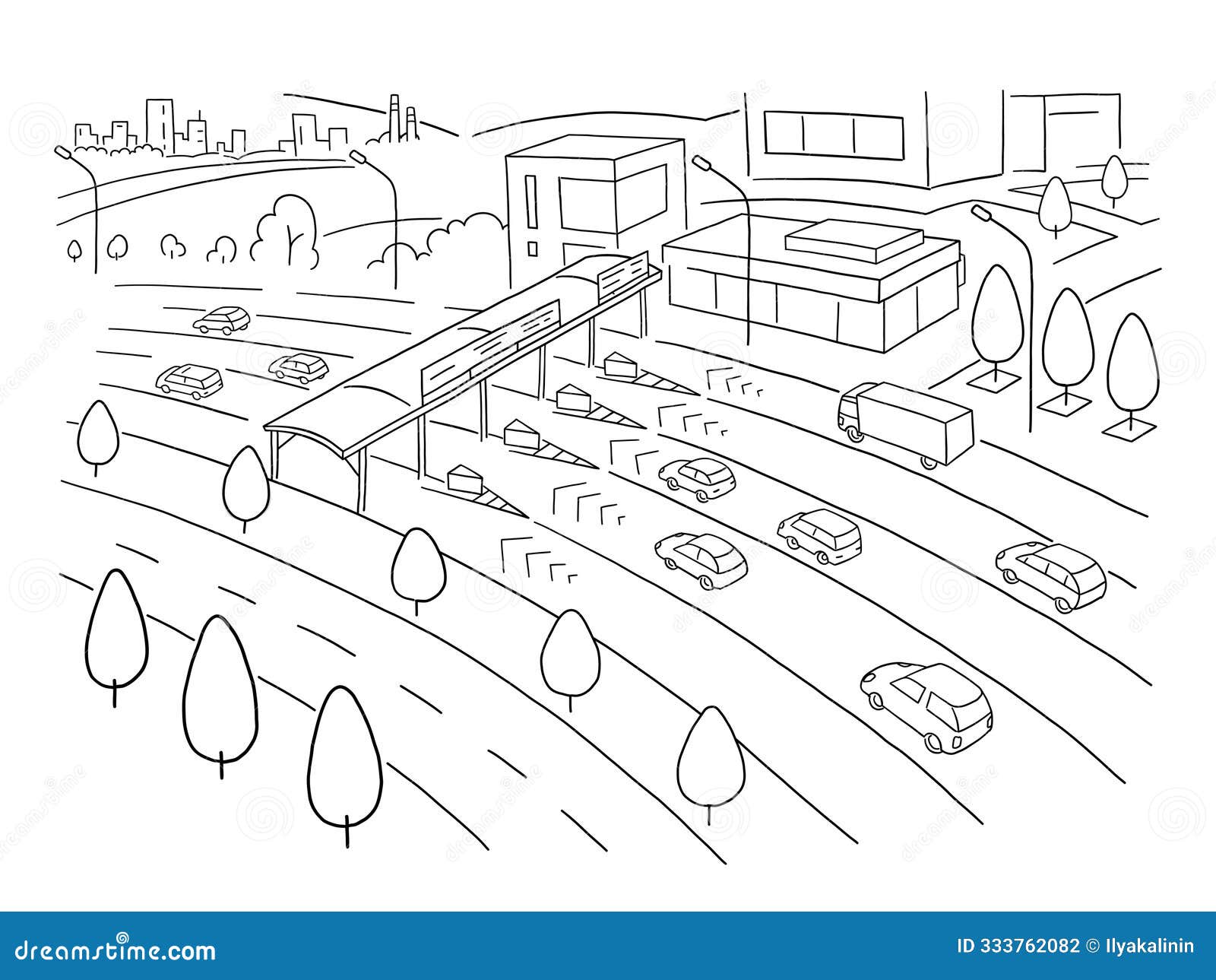 Hand-Drawn Vector Sketch of a Toll Highway with a Queue of Cars Stock ...