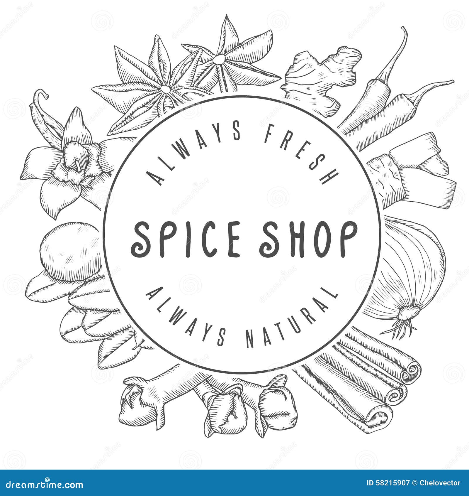 Hand Drawn Vector Spice Shop Emblem Stock Vector - Illustration of icon ...