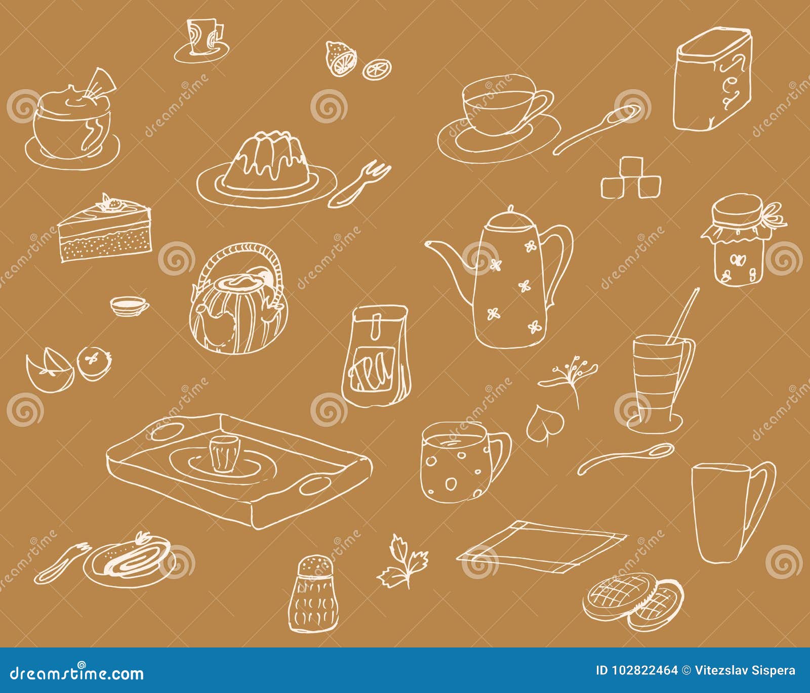 Hand-drawn Vector Wallpaper of Breakfast Ingredients and Snacks ...
