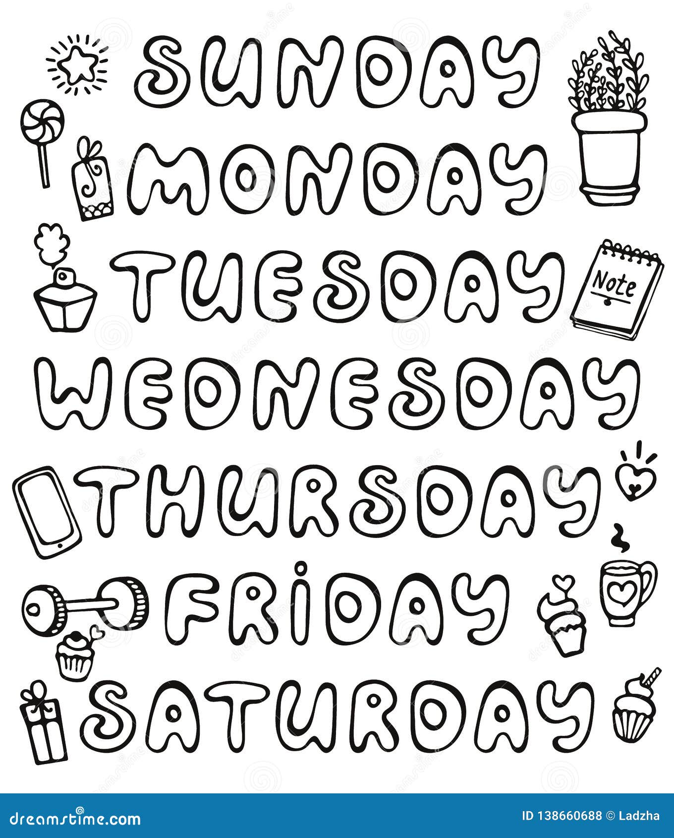 Hand Drawn Vector Weekdays and Elements for Notebook, Diary, Calendar ...