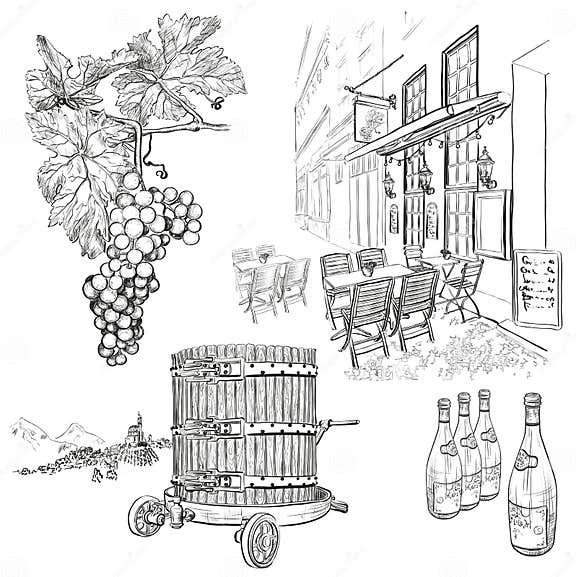 Hand drawn vector wine set stock vector. Illustration of pencil - 41334247