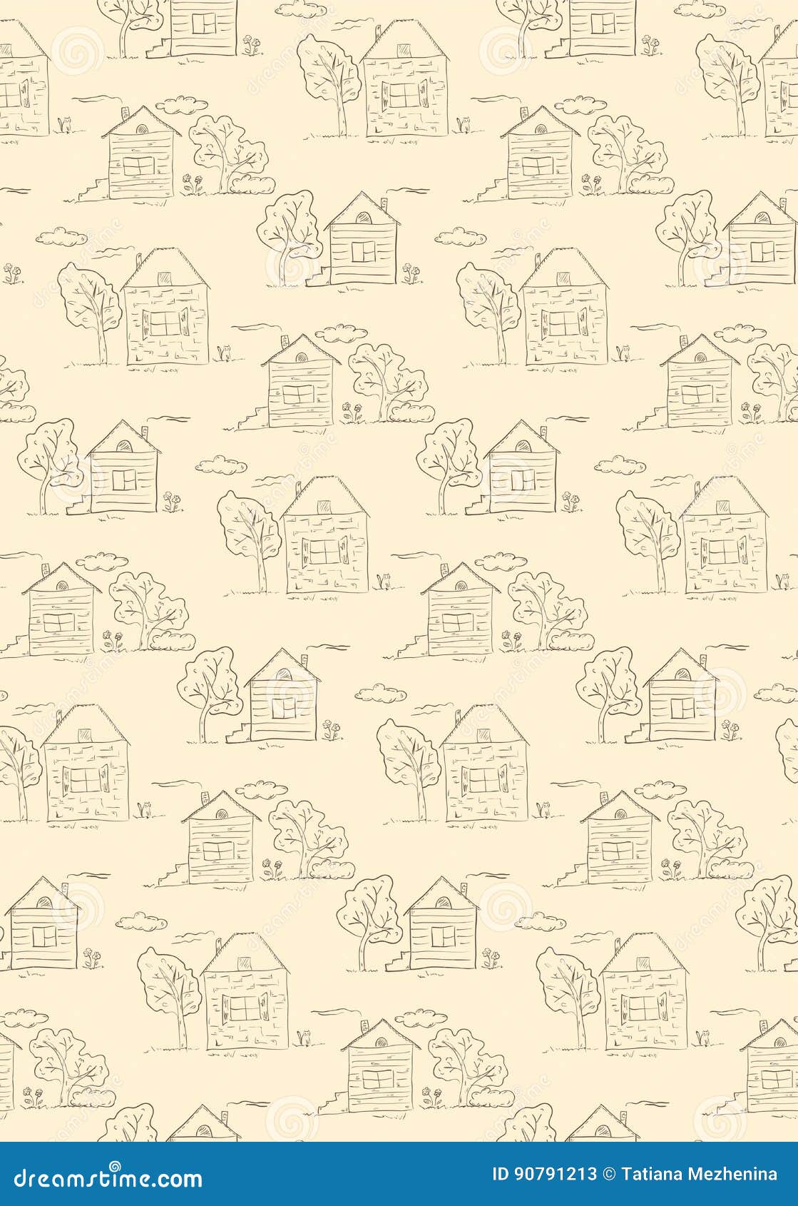 Hand Drawn Village Houses Pattern Stock Illustration - Illustration of ...