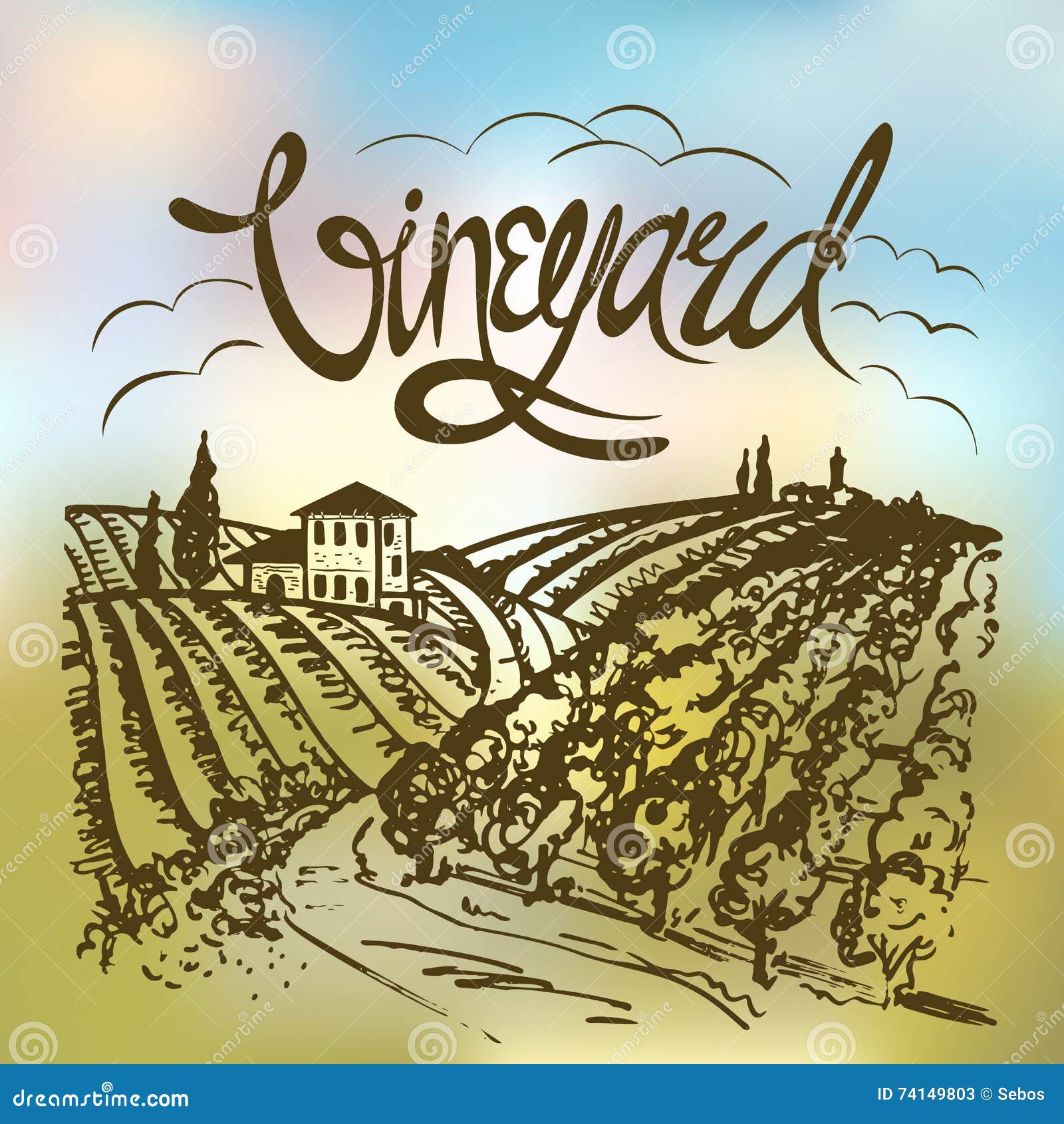 Hand Drawn Vineyard Landscape. Vintage Vector Illustration. Backdrop ...