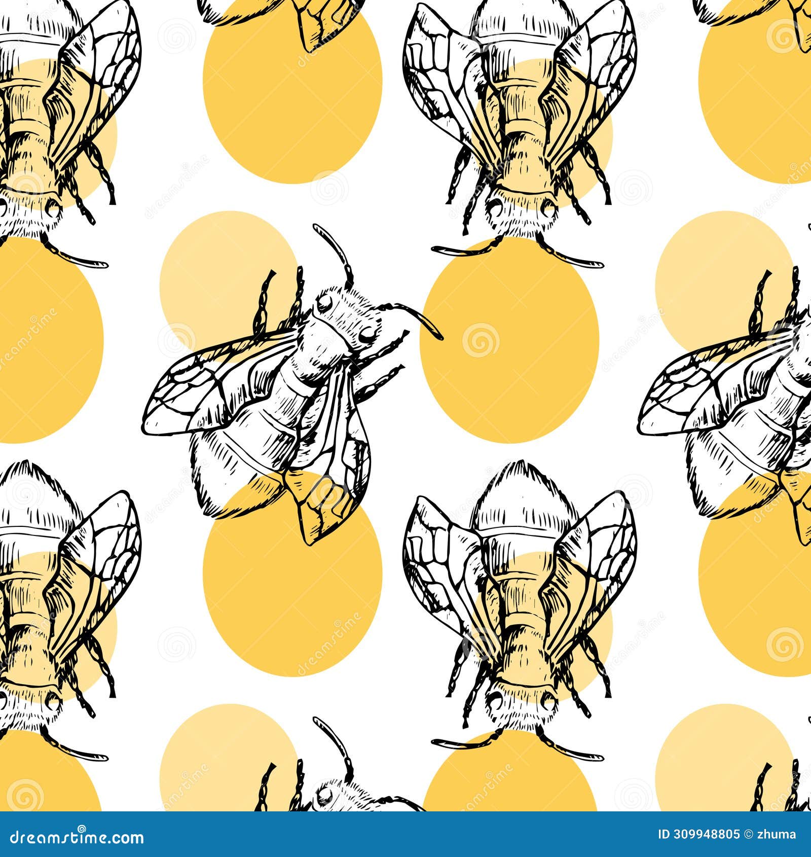 Hand Drawn Vintage Bee and Round Elements Pattern Stock Illustration - Illustration of black ...