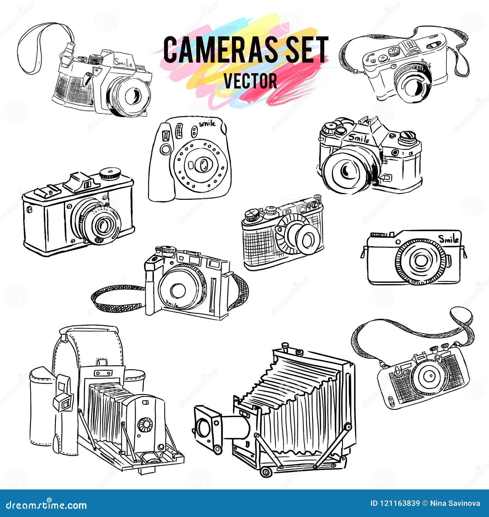 Hand Drawn Vintage Photo Camera Print Set Stock Vector - Illustration ...