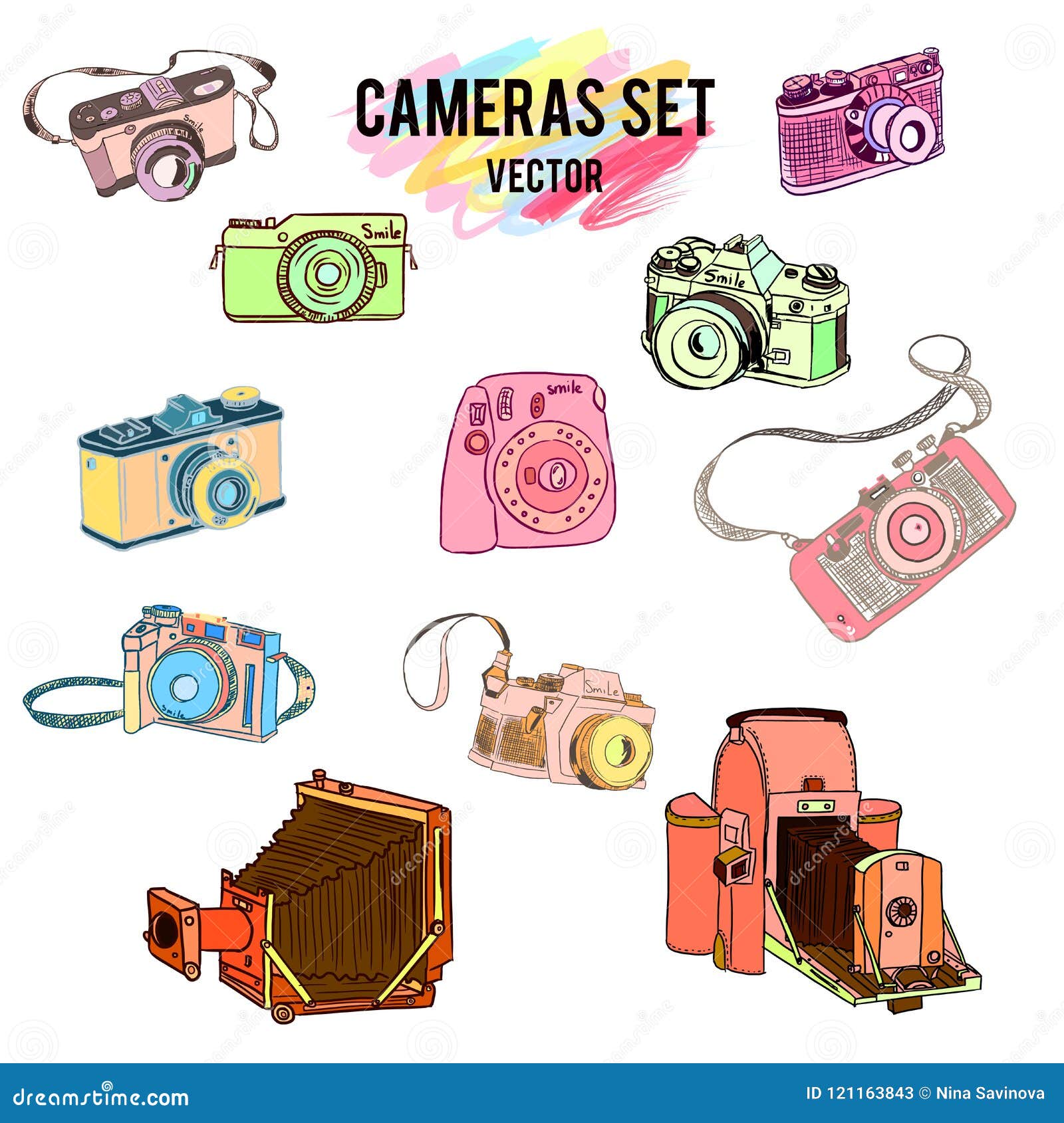 Hand Drawn Vintage Photo Camera Print Set Stock Vector - Illustration ...