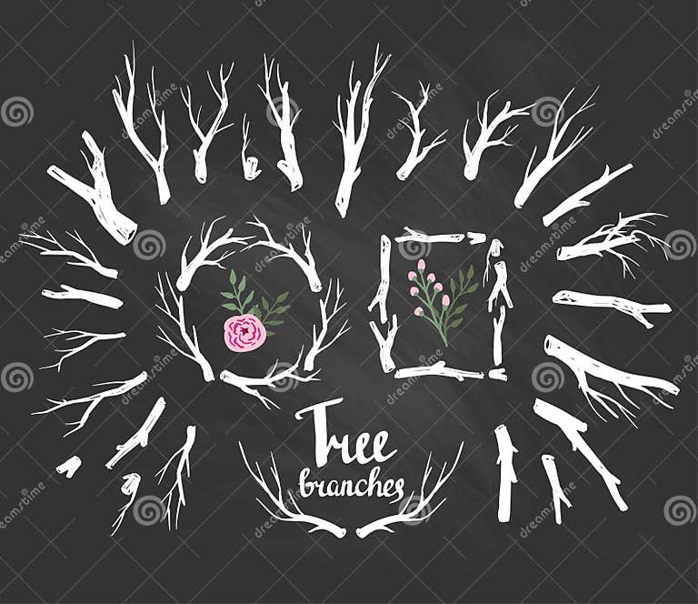 Hand Drawn Vintage Tree Branches . Rustic Decorative Vector Design Set ...