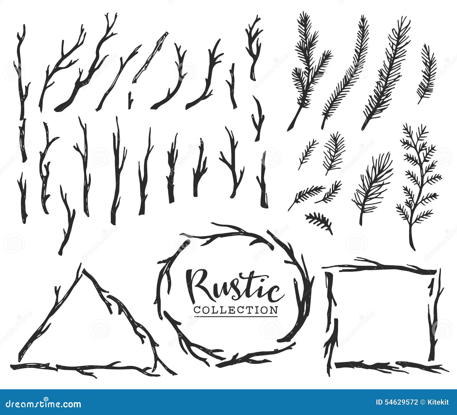 Hand Drawn Vintage Wood Tree Branches and Wreaths. Rustic Decorative ...