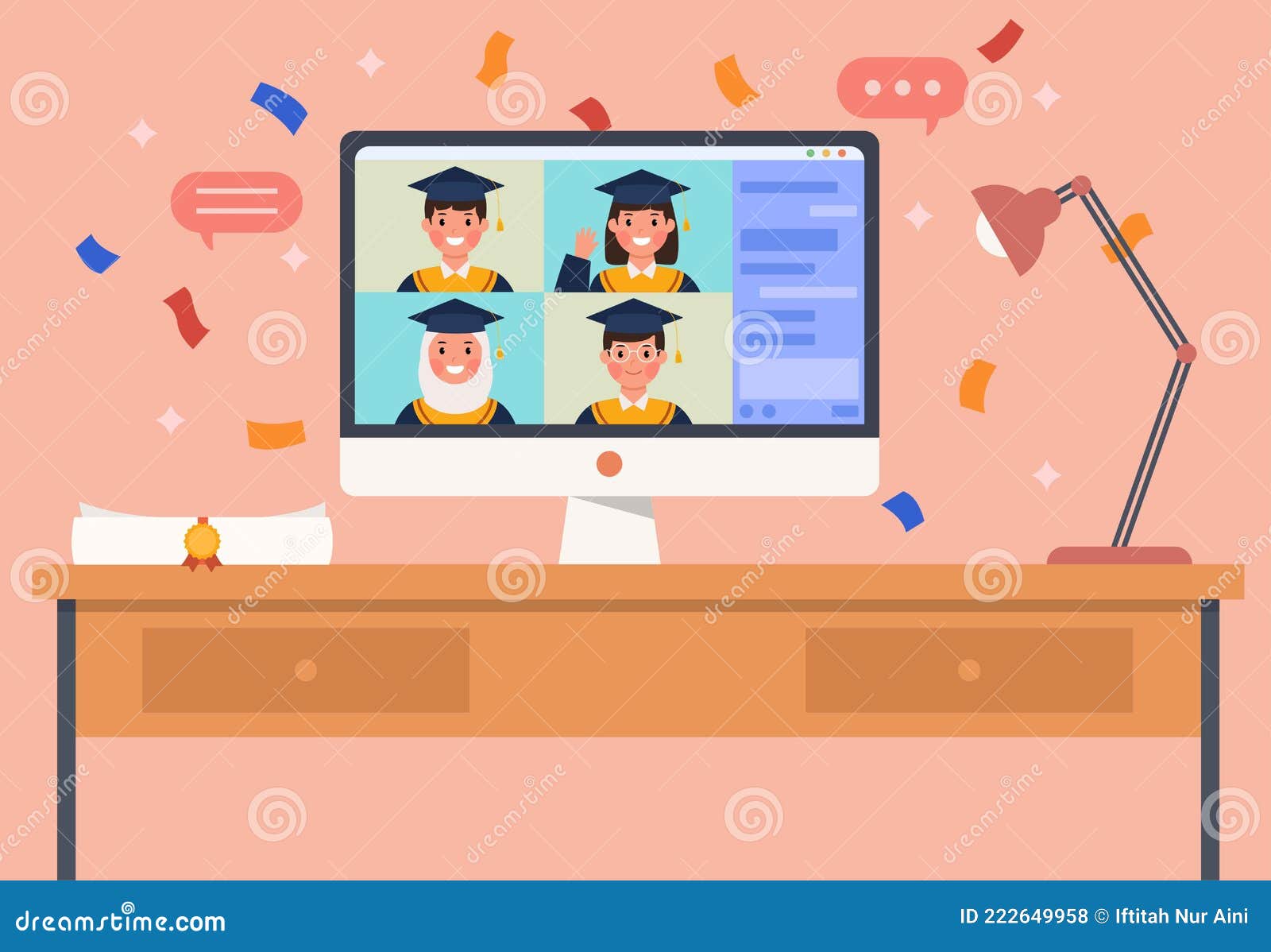 Hand Drawn of Virtual Graduation Ceremony on Online Platform Vector ...