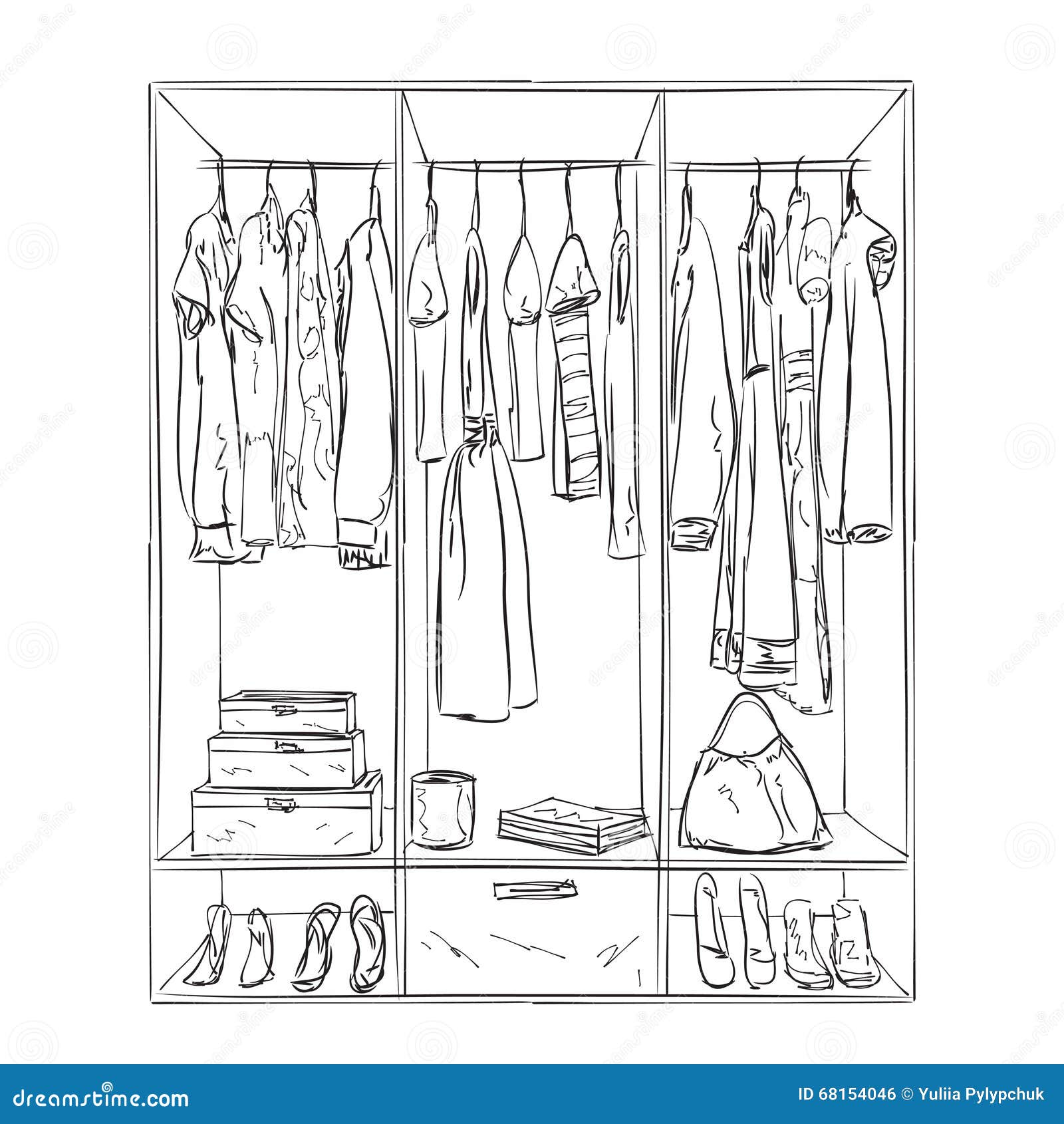Hand Drawn Wardrobe Sketch. Interior with Clothes. Stock Vector ...