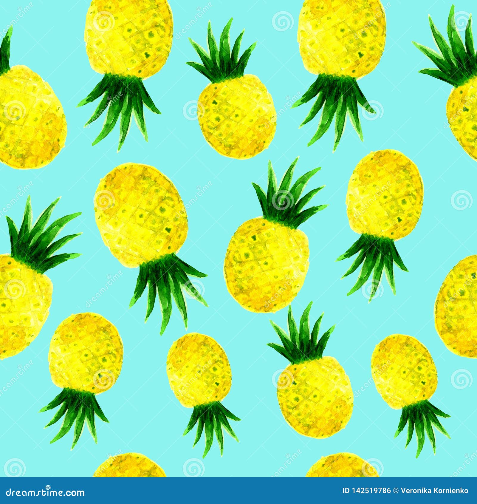 Watercolor Ananas Seamless Pattern on Blue Stock Illustration ...